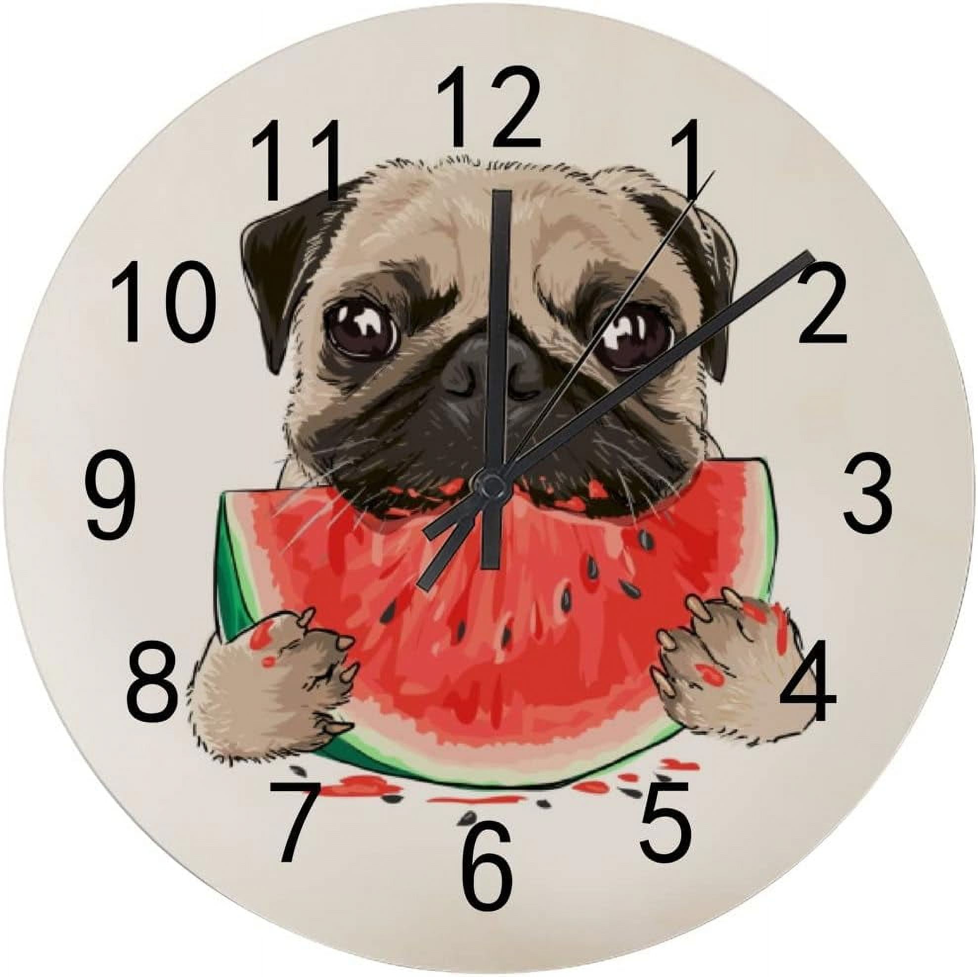SKYSONIC Wooden Round Wall Clock Adorable Pug Dog Eating Watermelon Non ...