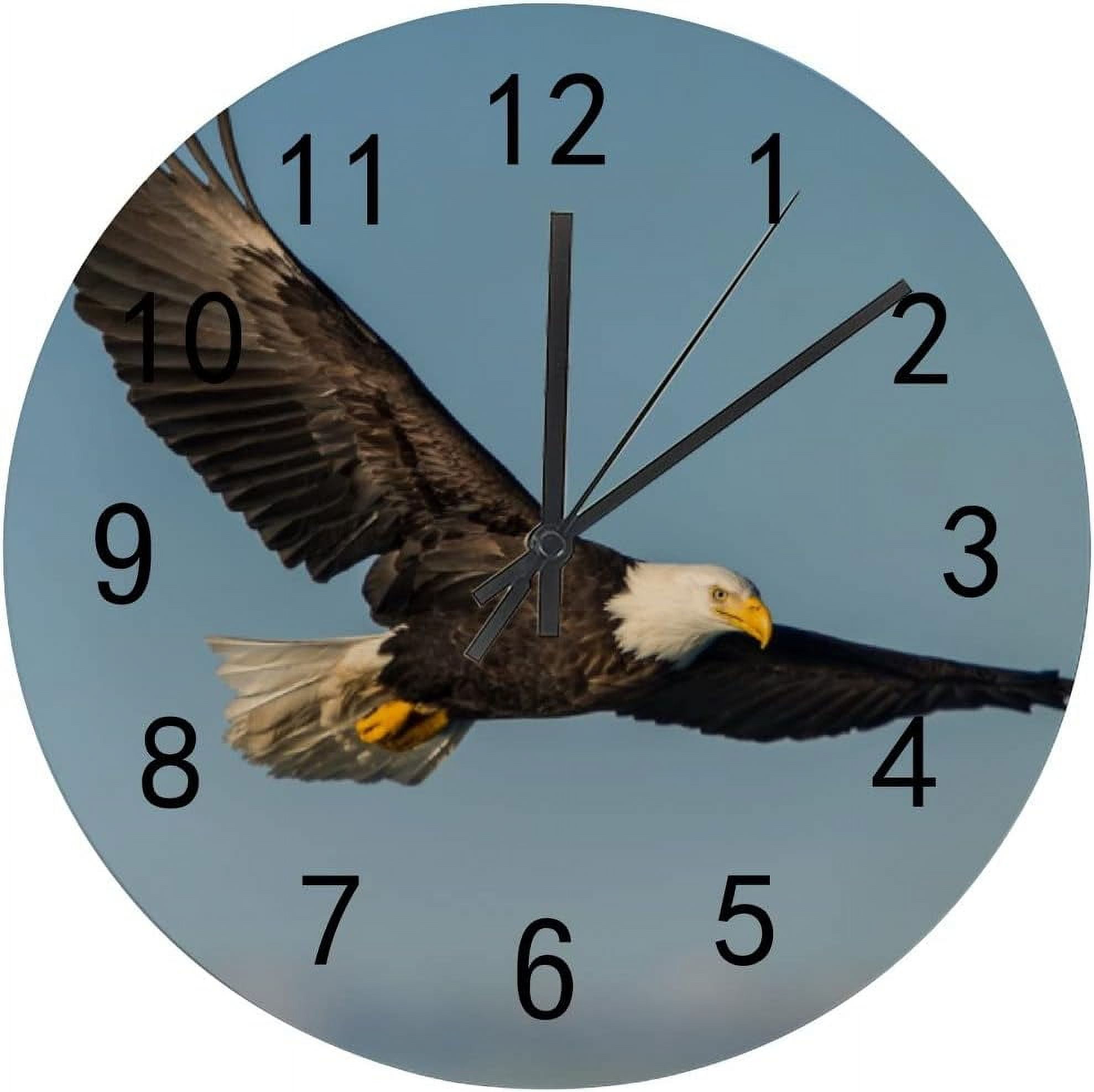 SKYSONIC Wooden Round Wall Clock Bald Eagle Soaring Against Blue Sky ...