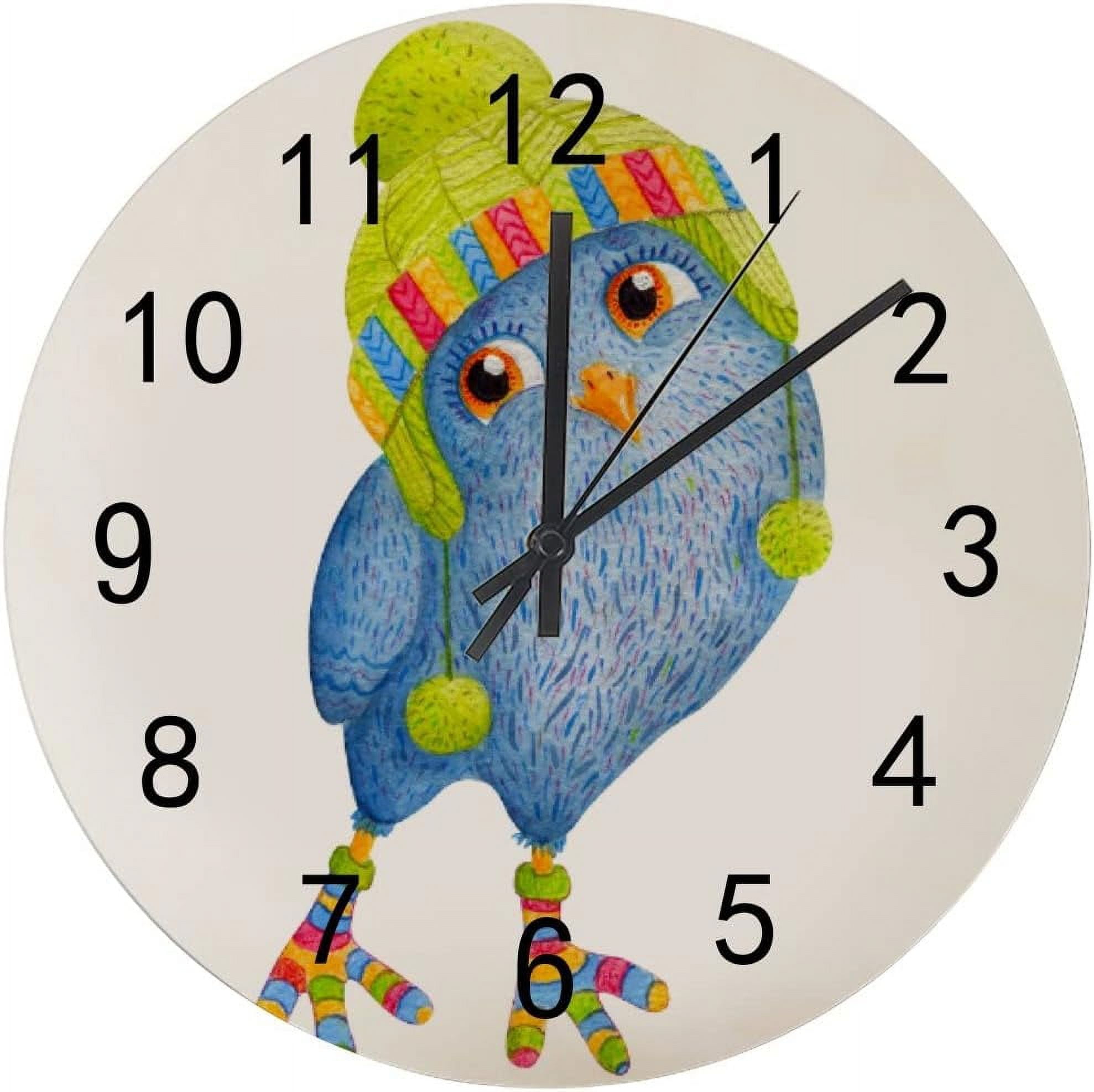 SKYSONIC Wooden Round Wall Clock Blue Owlet Non Ticking Battery ...