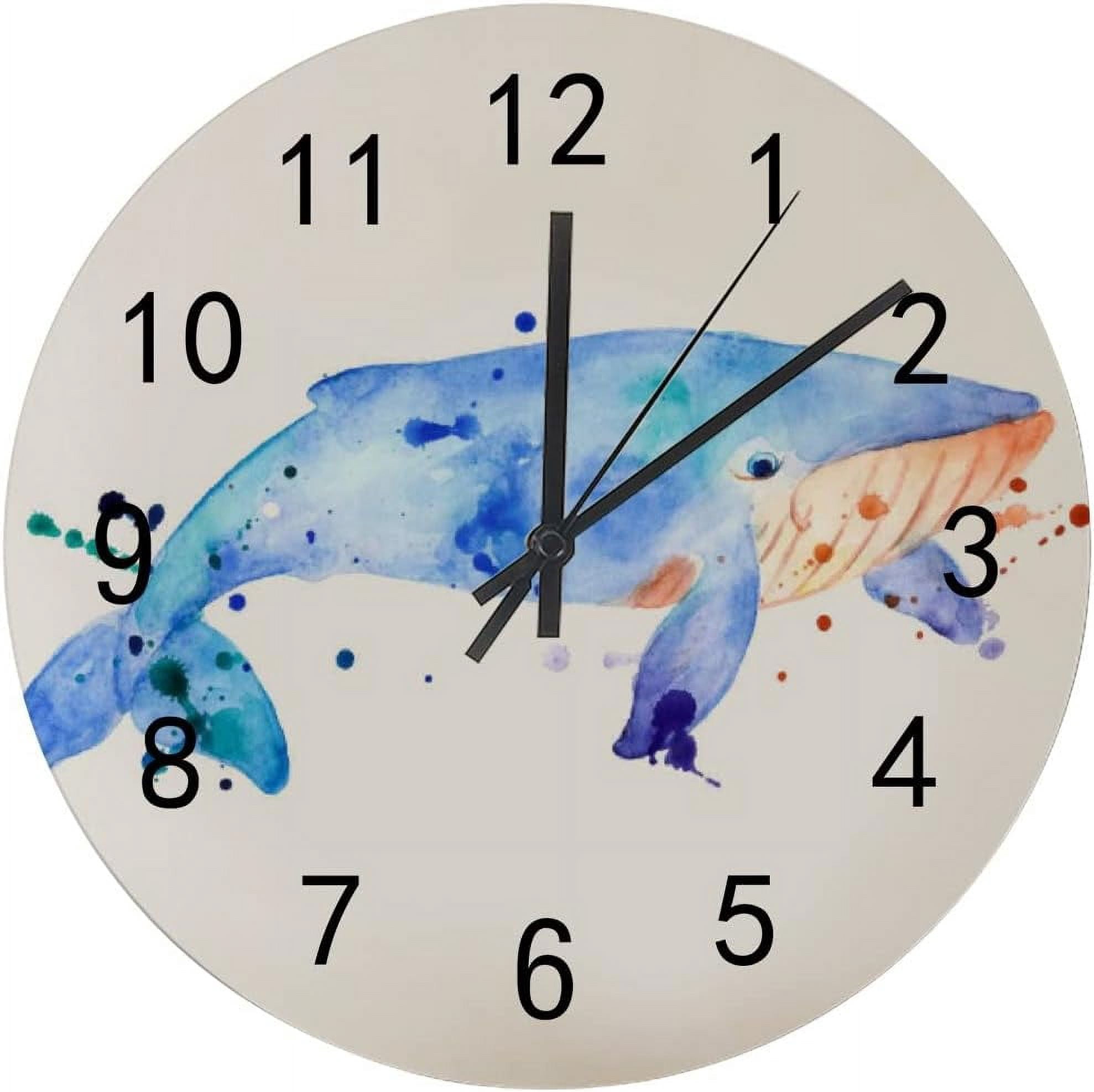 SKYSONIC Wooden Round Wall Clock Blue Whale Watercolors Painting Non ...