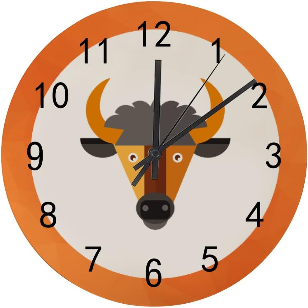 SKYSONIC Wooden Round Wall Clock Bull Head Icon Non Ticking Battery ...