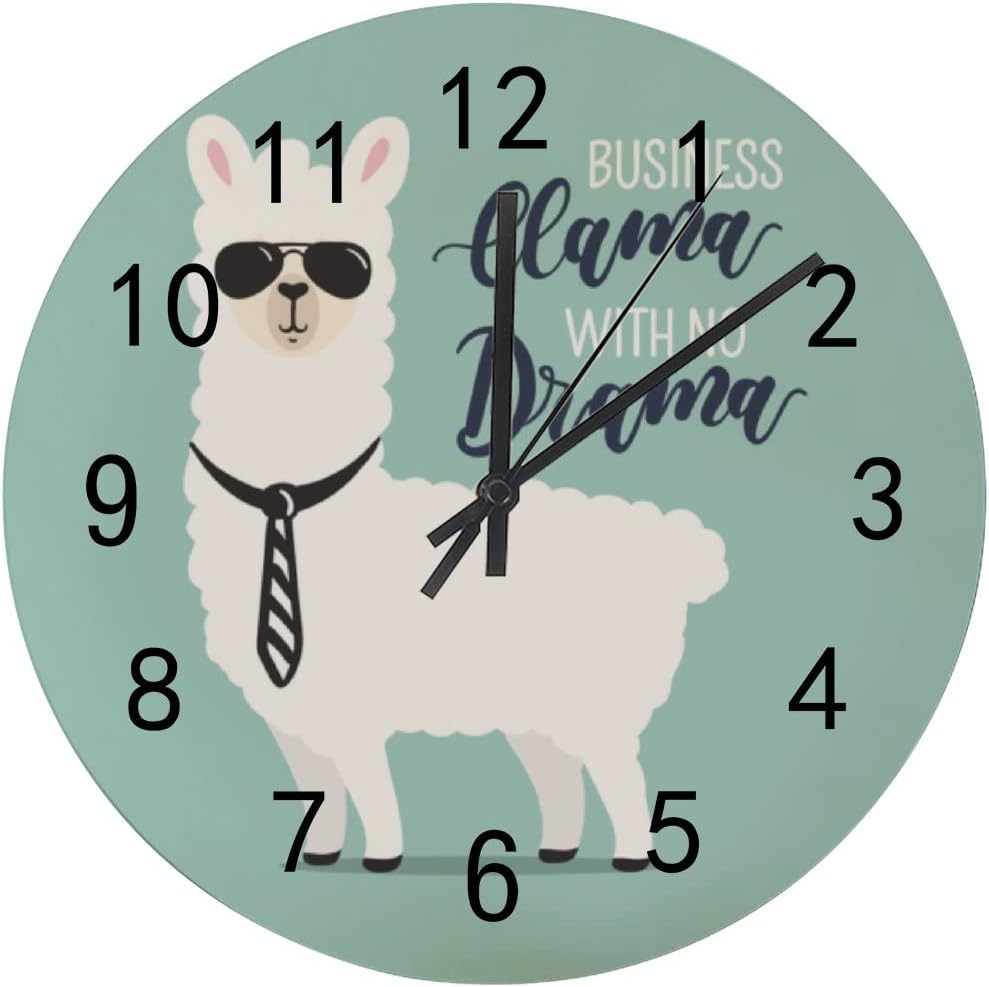 SKYSONIC Wooden Round Wall Clock Business Llama with No Drama Non ...