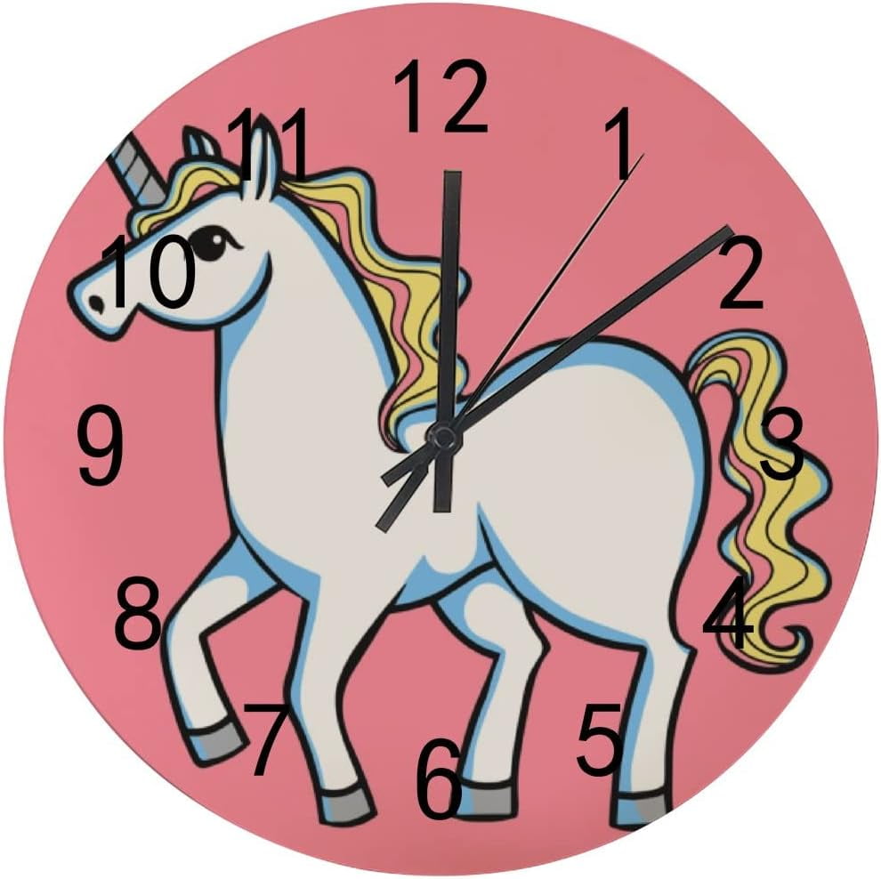 SKYSONIC Wooden Round Wall Clock Cartoon Doodle White Unicorn Non ...