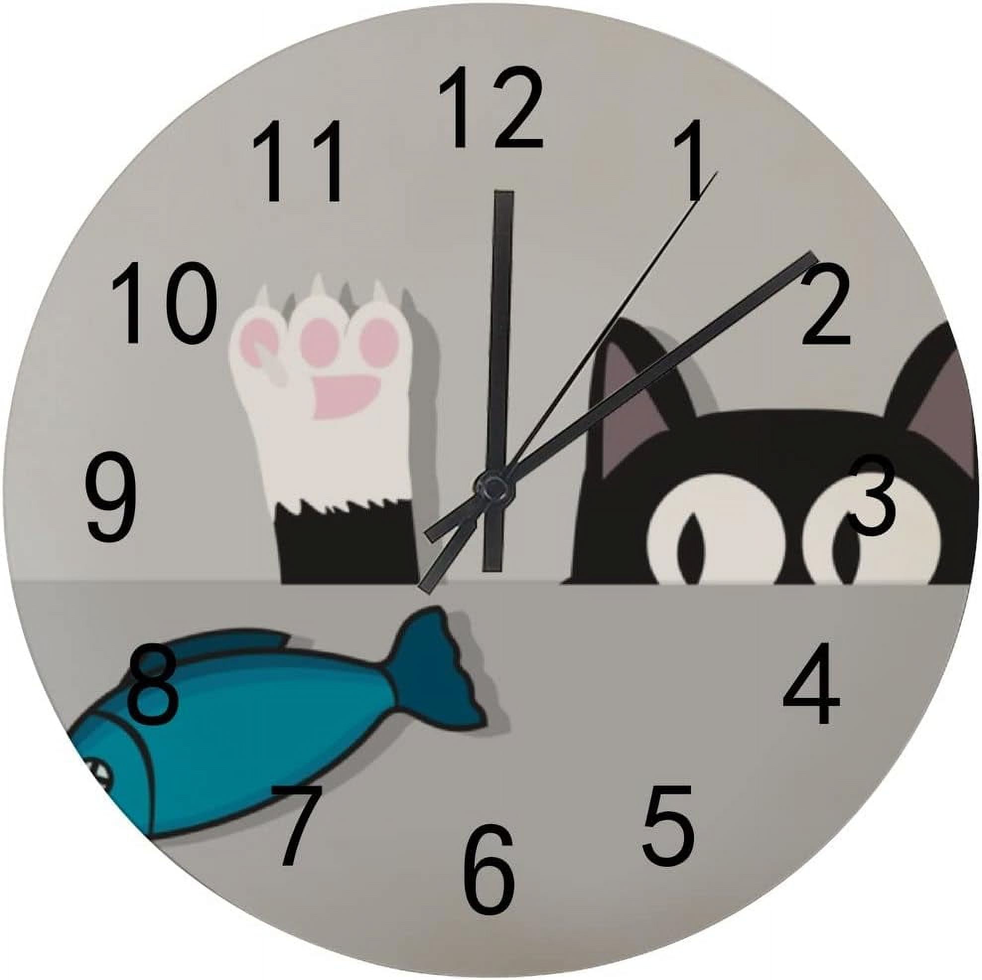 SKYSONIC Wooden Round Wall Clock Cat Catches Fish Non Ticking Battery ...