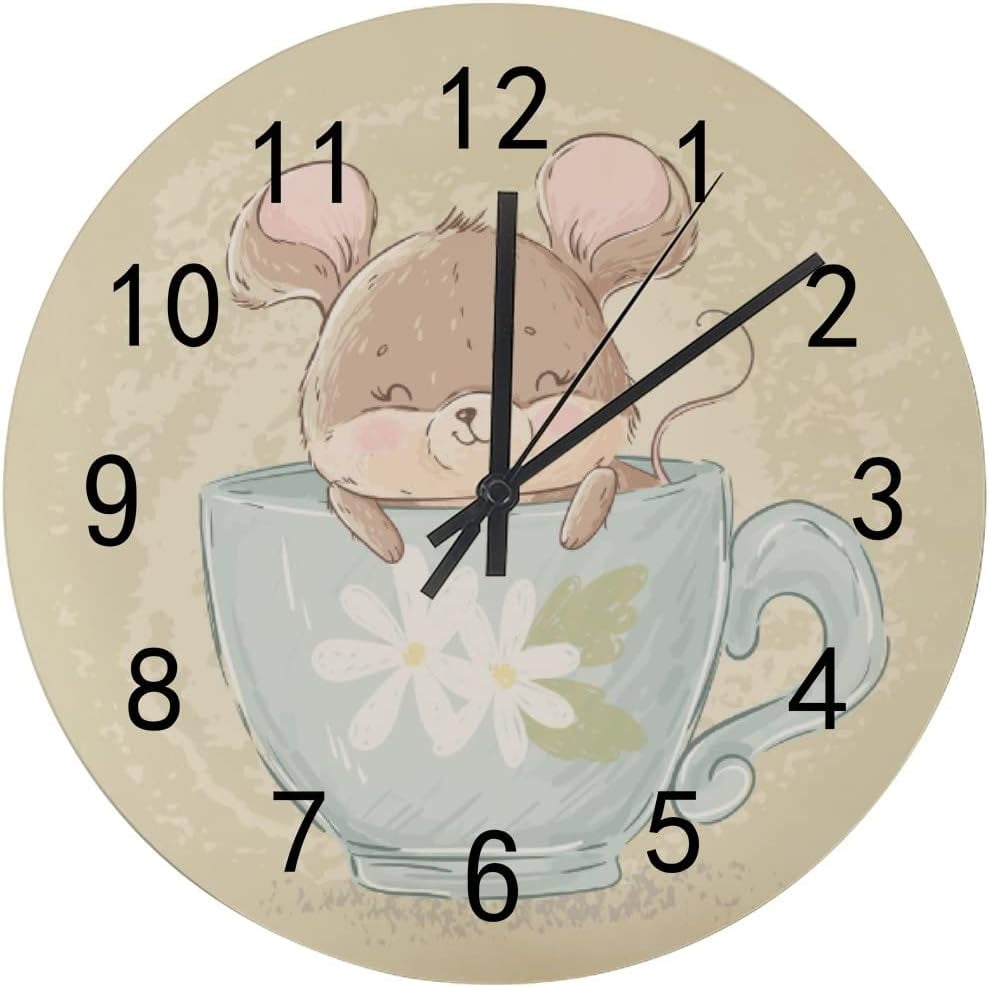 SKYSONIC Wooden Round Wall Clock Cup Mouse Non Ticking Battery Operated ...