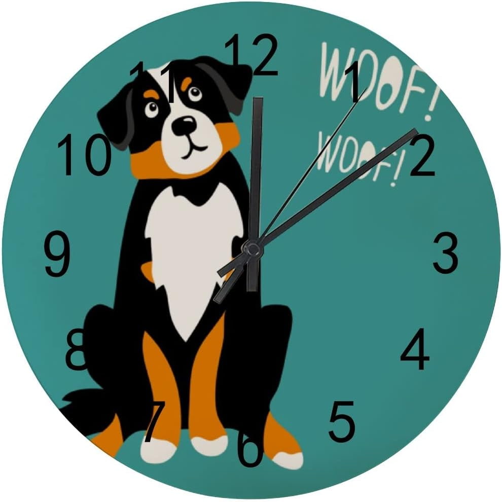 SKYSONIC Wooden Round Wall Clock Cute Bernese Mountain Dog Sitting Non ...