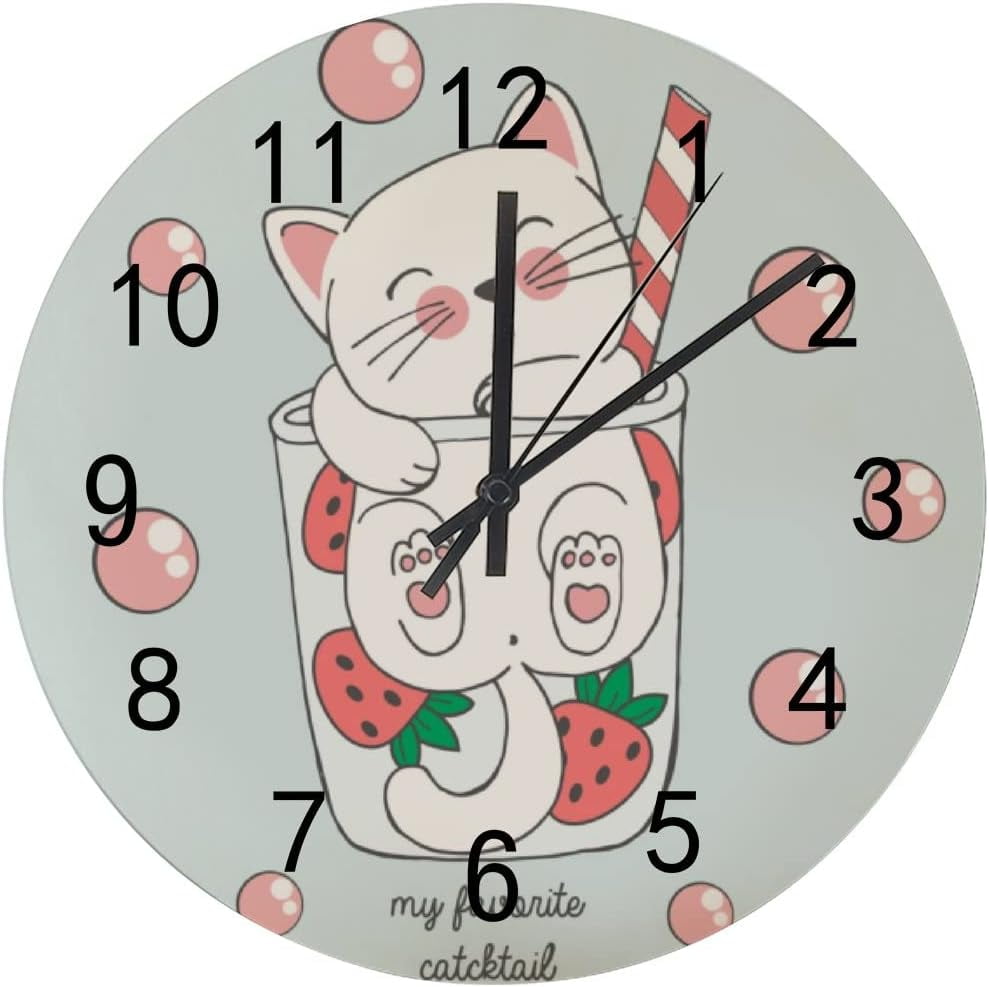 SKYSONIC Wooden Round Wall Clock Cute Cat Cocktail Party Non Ticking ...