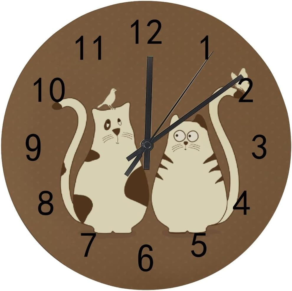 SKYSONIC Wooden Round Wall Clock Cute Cats with Bird and Butterfly Non ...
