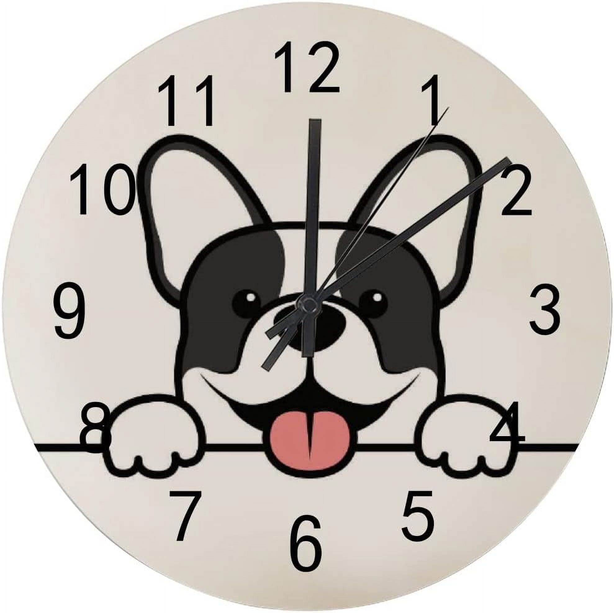 SKYSONIC Wooden Round Wall Clock Cute French Bulldog Puppy Paws Up Non ...