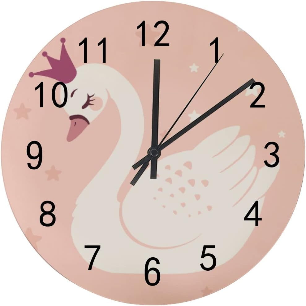 SKYSONIC Wooden Round Wall Clock Cute Princess Swan Non Ticking Battery ...