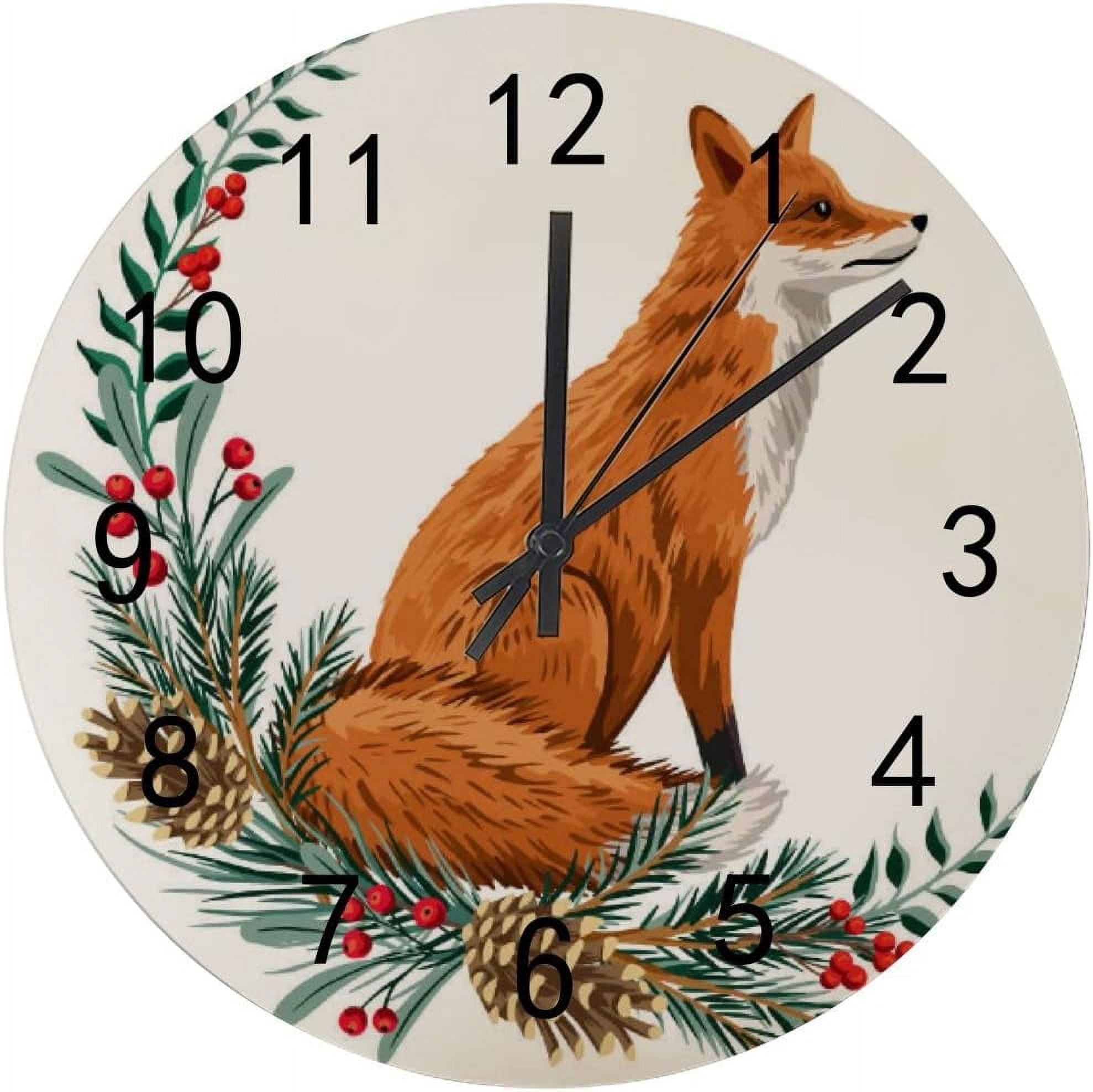 SKYSONIC Wooden Round Wall Clock Cute Red Fox Pine Branch Cones Non ...