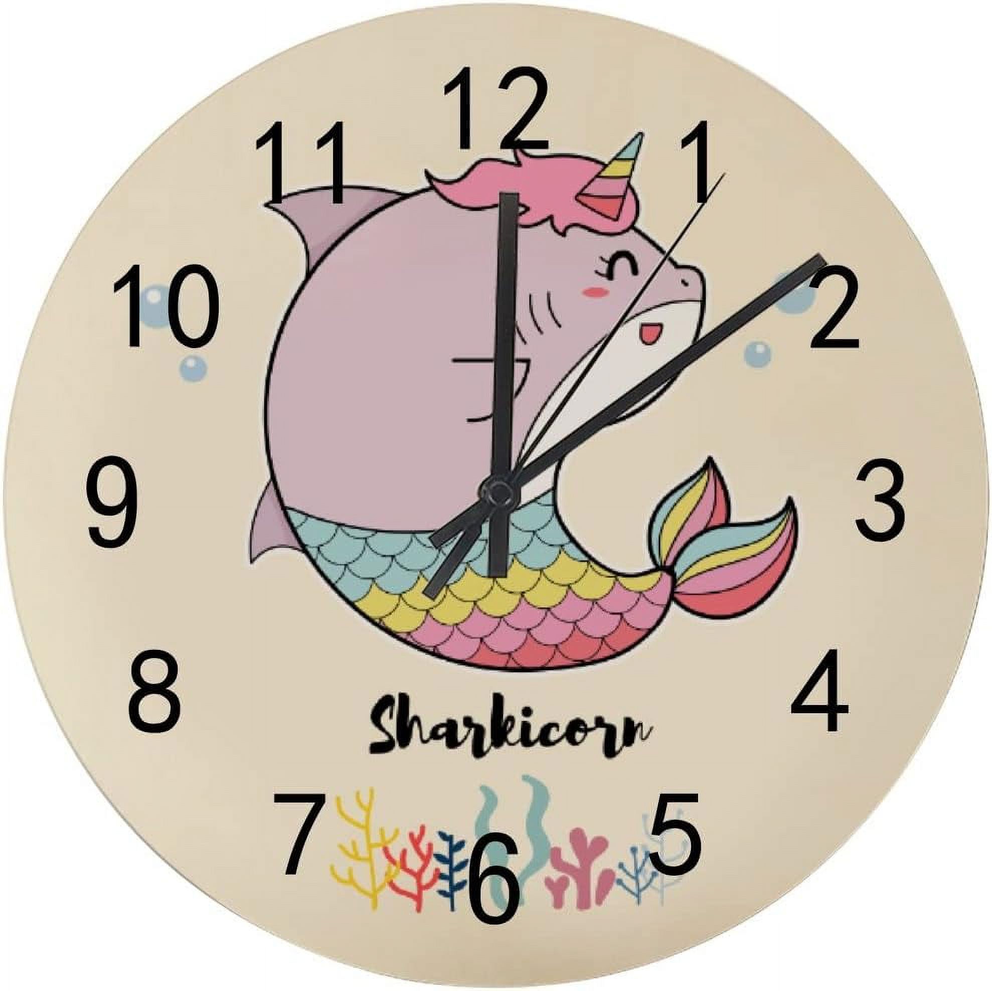 SKYSONIC Wooden Round Wall Clock Cute Sharkicorn Non Ticking Battery ...
