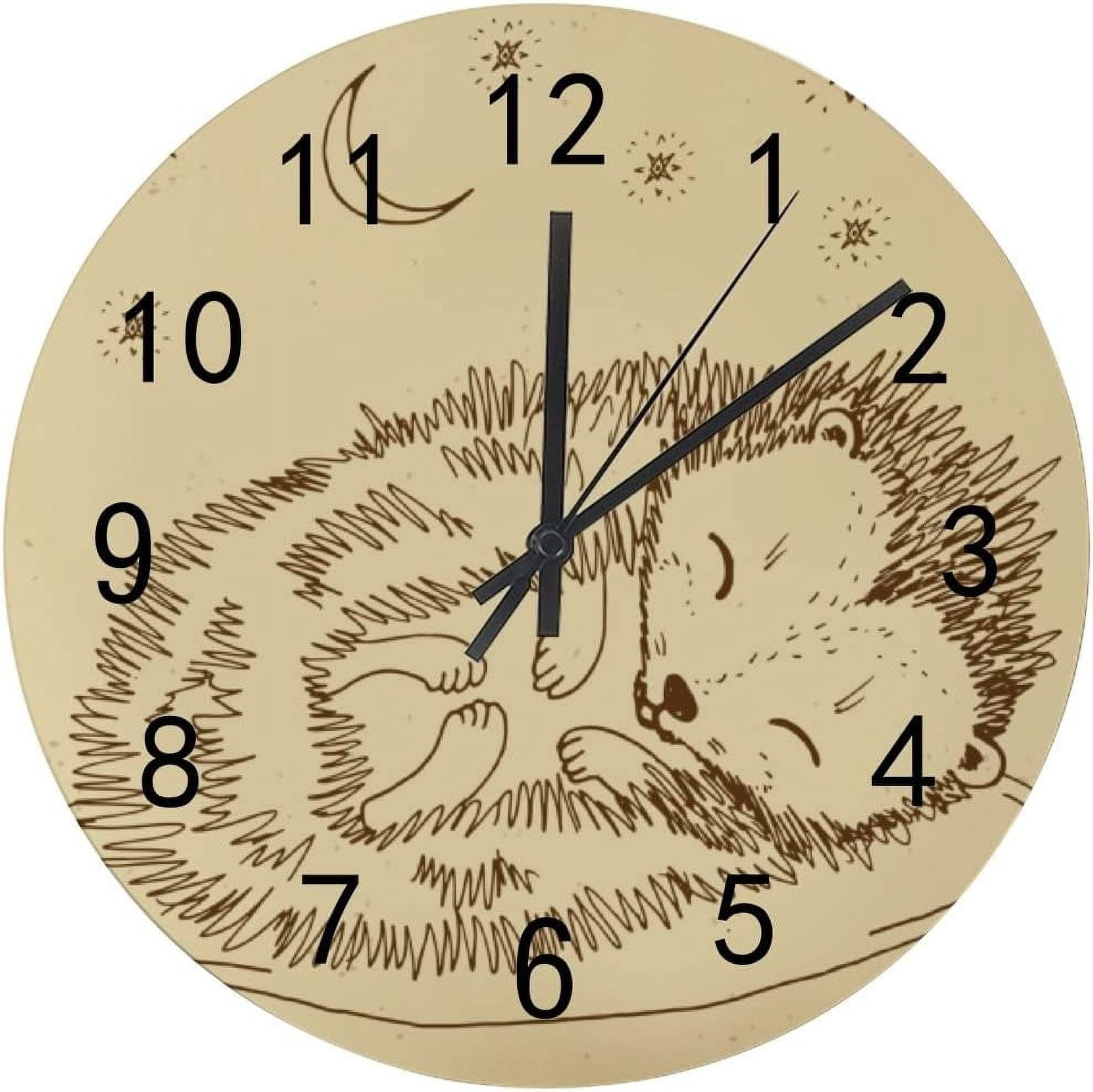 SKYSONIC Wooden Round Wall Clock Cute Sleeping Hedgehogs Non Ticking ...