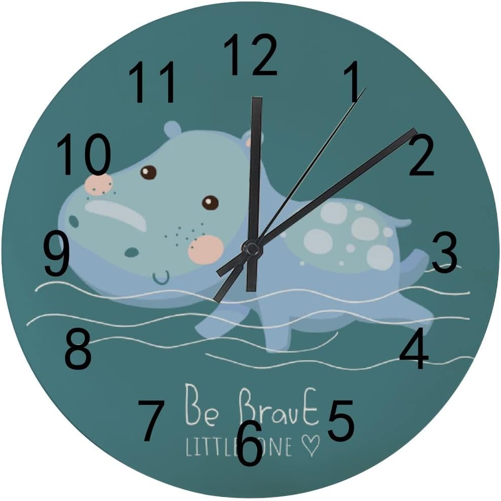 SKYSONIC Wooden Round Wall Clock Cute Small Hippo Swimming Non Ticking ...