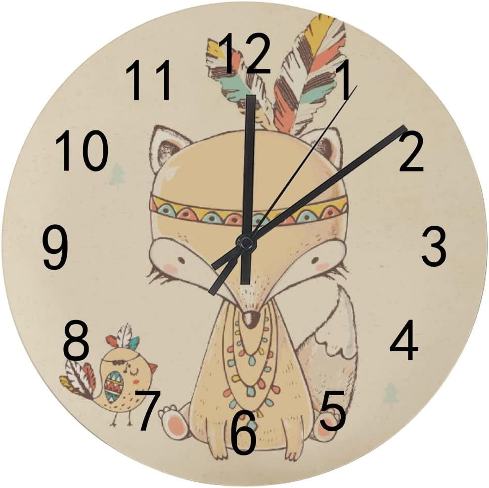 SKYSONIC Wooden Round Wall Clock Cute Tribal Fox in Indian Headband Non ...