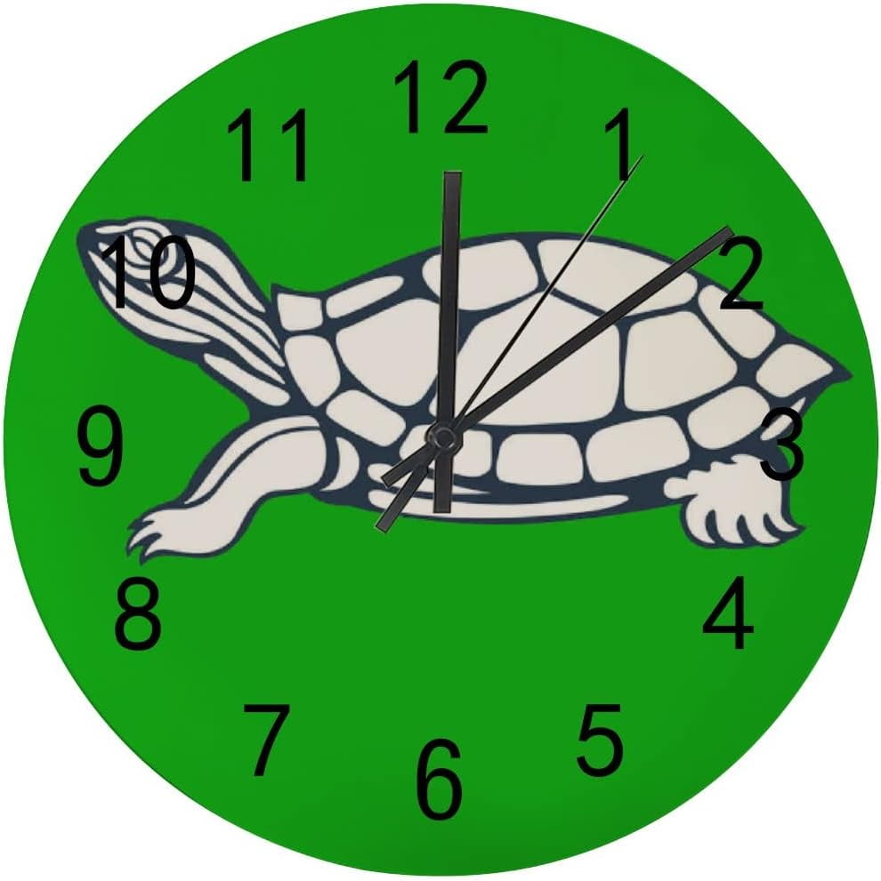 SKYSONIC Wooden Round Wall Clock Cute Turtle on Green Non Ticking ...