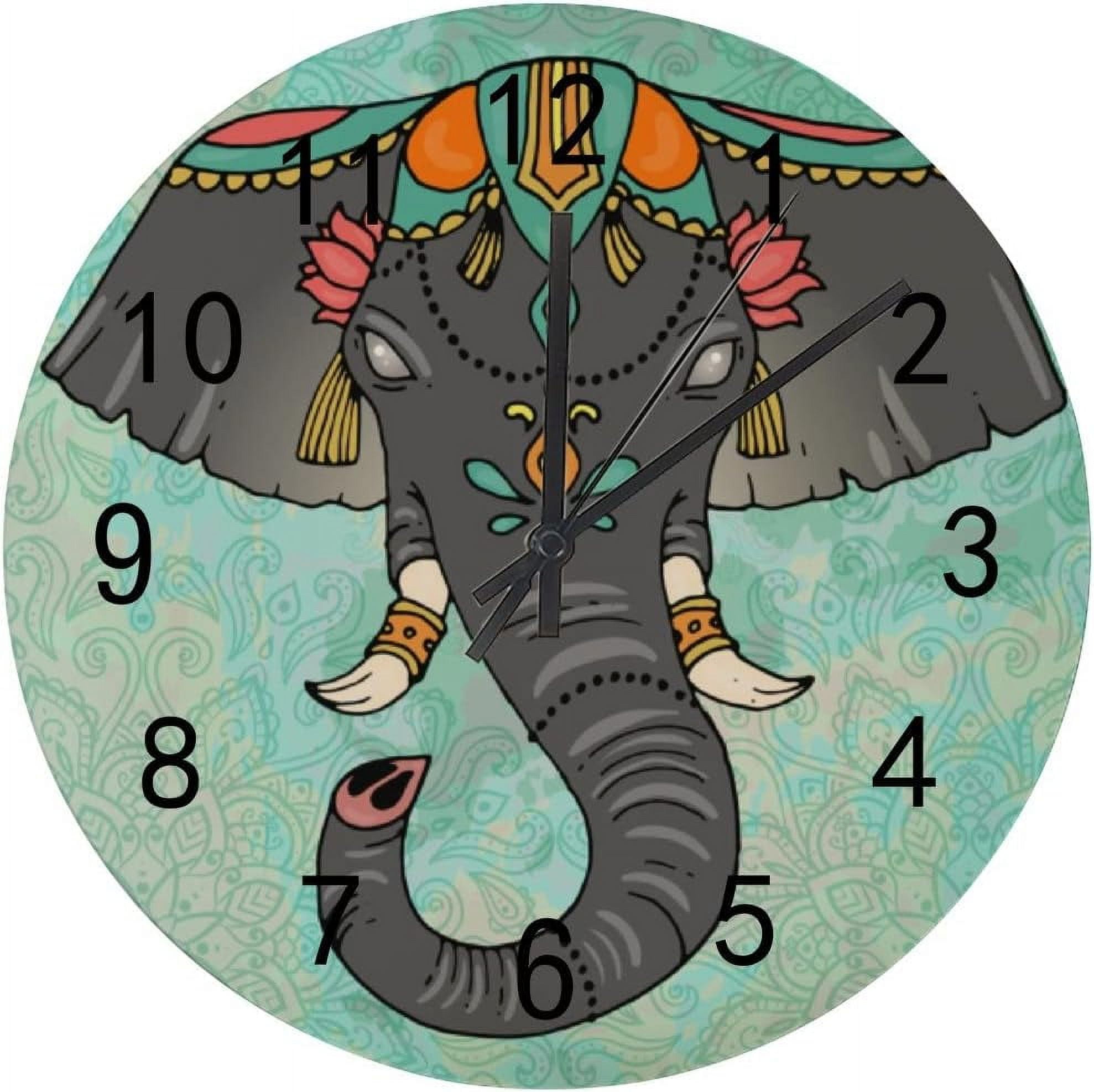 SKYSONIC Wooden Round Wall Clock Decorated Elephant Non Ticking Battery ...