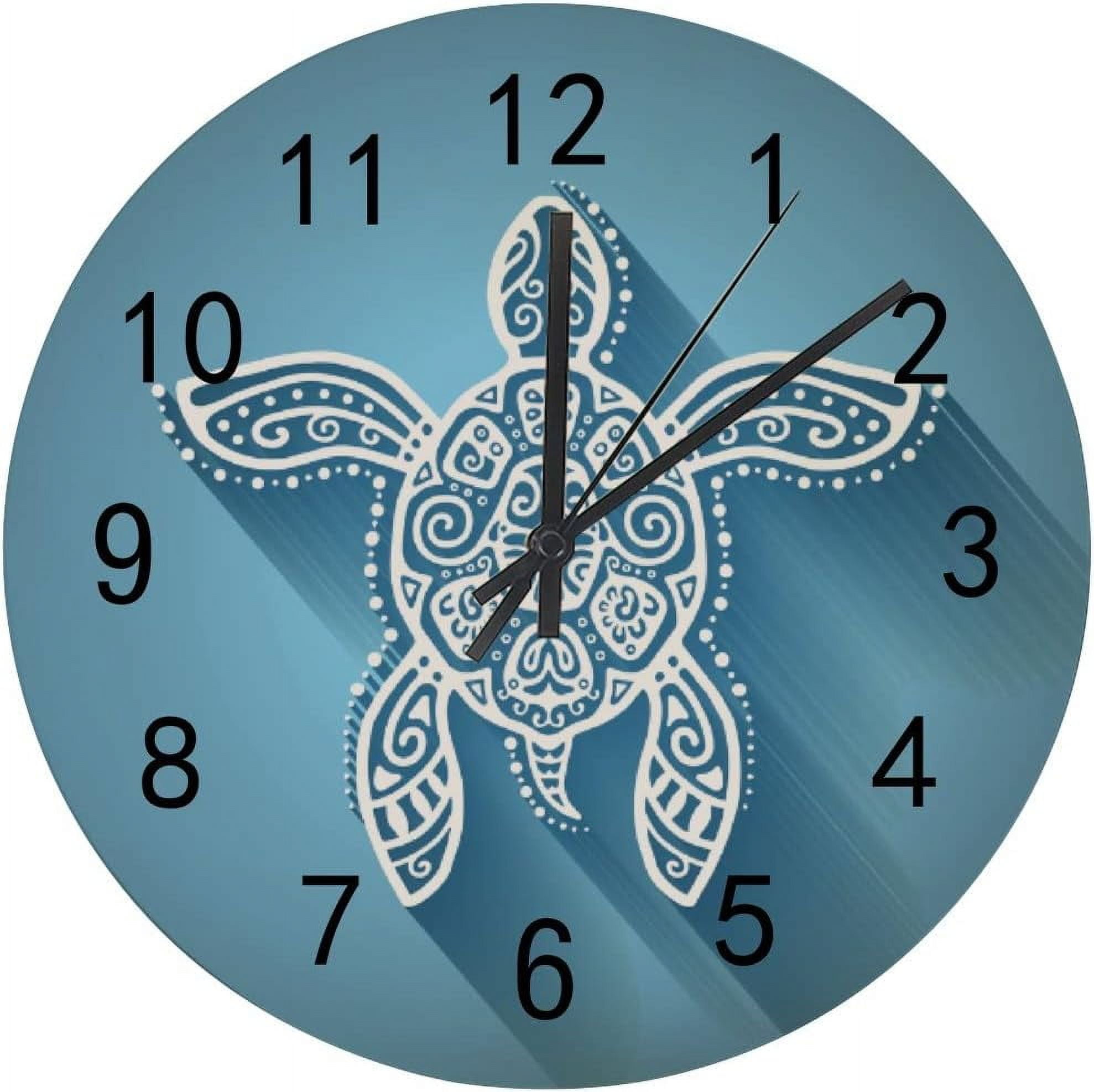 SKYSONIC Wooden Round Wall Clock Decorative Tattoo Graphic Turtle Non ...