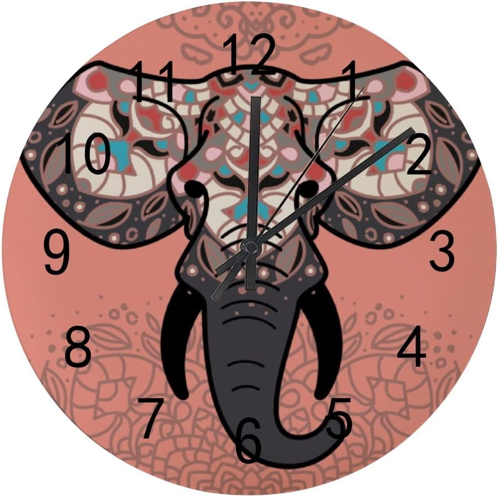 SKYSONIC Wooden Round Wall Clock Elephant Head with Floral Ornament Non ...