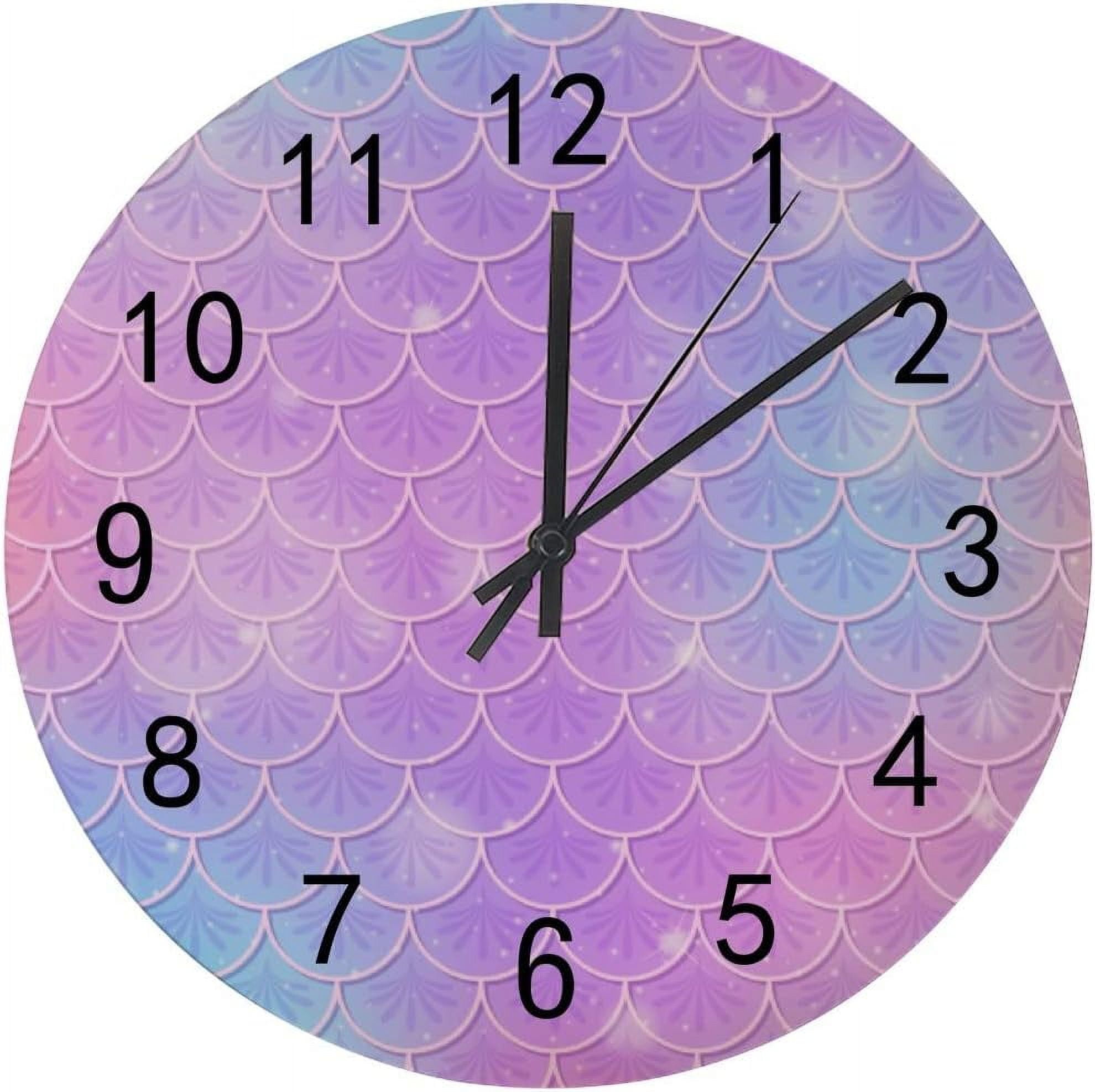 SKYSONIC Wooden Round Wall Clock Fantasy Mermaid Scales Pattern Non ...