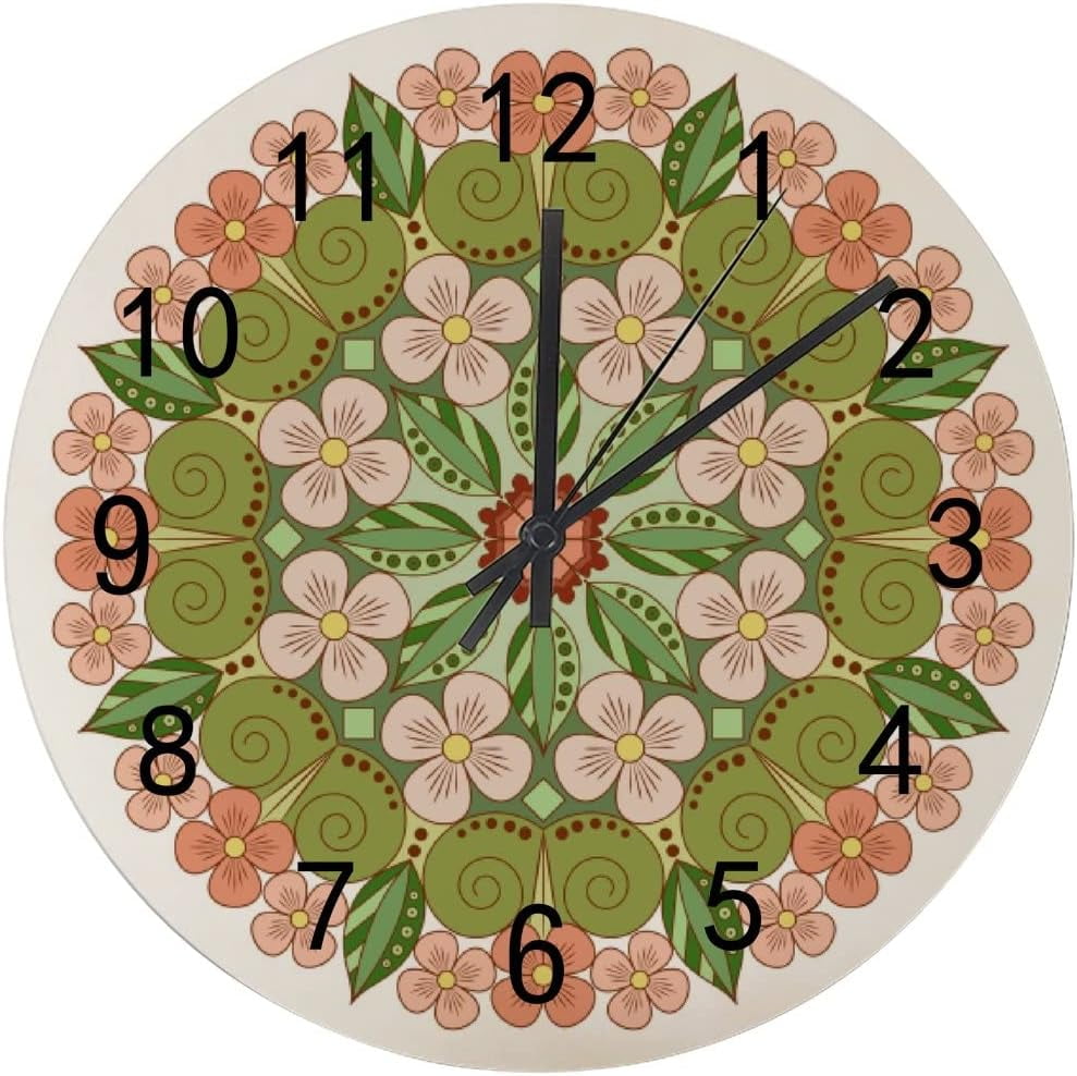 SKYSONIC Wooden Round Wall Clock Flower Mandala with Flowers Leaves and ...