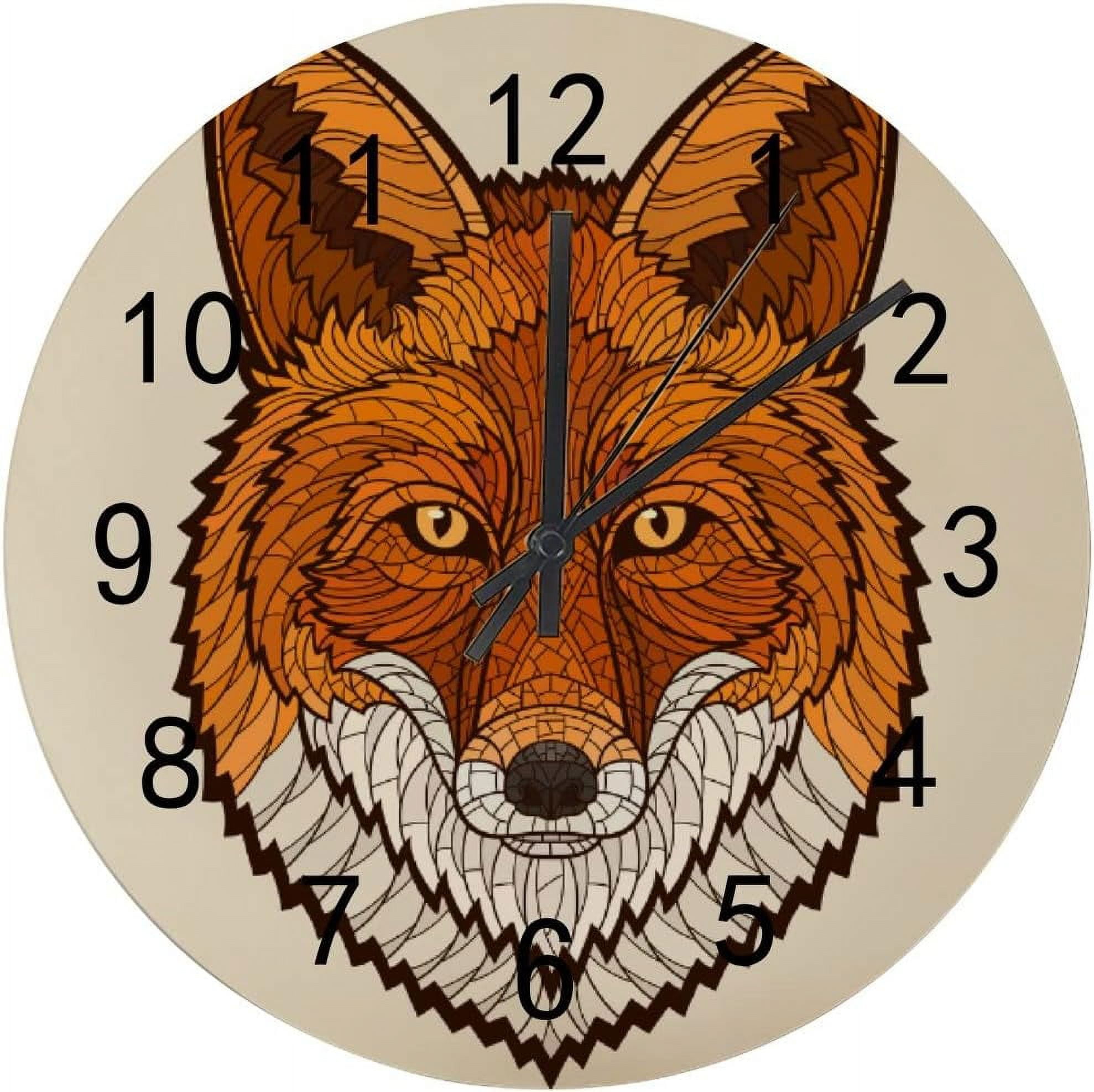 SKYSONIC Wooden Round Wall Clock Fox Head Non Ticking Battery Operated ...