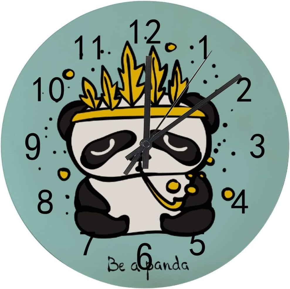 SKYSONIC Wooden Round Wall Clock Funny Doodle Panda Non Ticking Battery ...