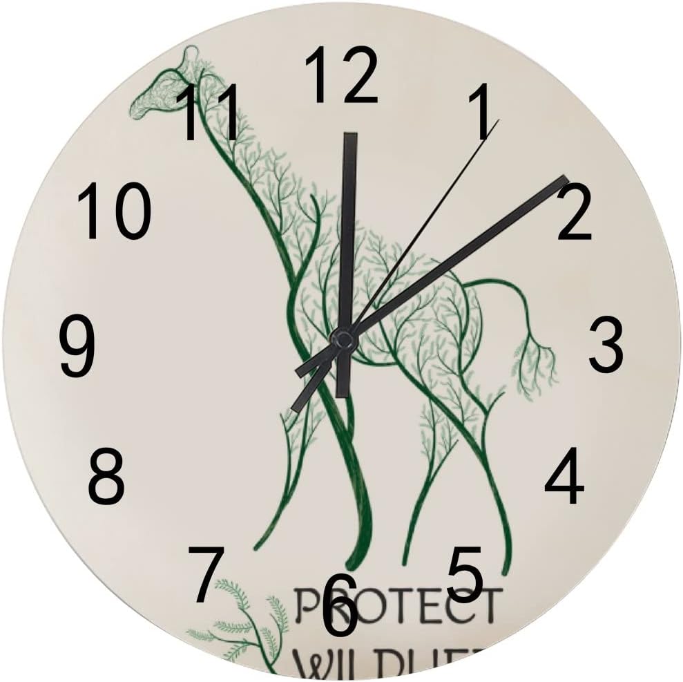 SKYSONIC Wooden Round Wall Clock Giraffe Stylized Green Bushes Non ...