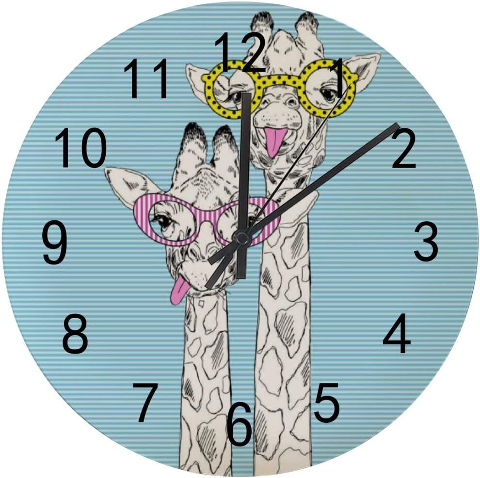 SKYSONIC Wooden Round Wall Clock Giraffes in Funky Glasses Non Ticking ...