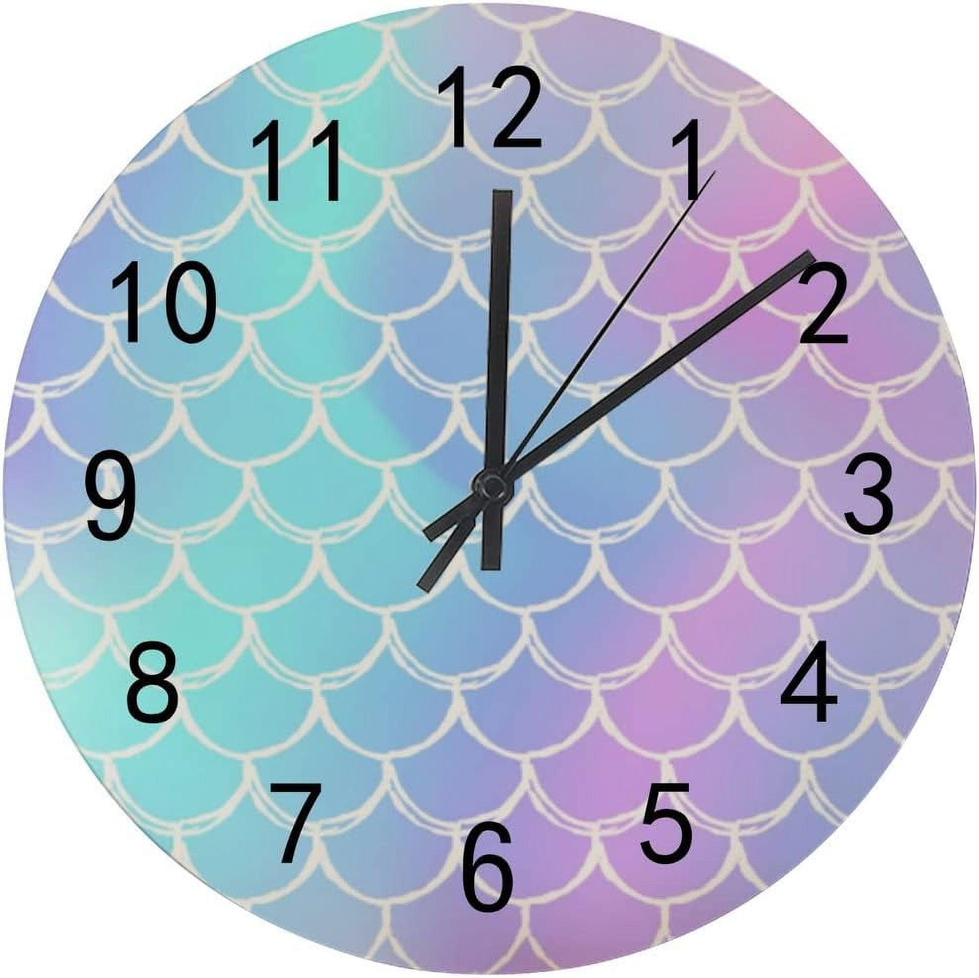 SKYSONIC Wooden Round Wall Clock Gradient Mermaid Holographic Scales ...