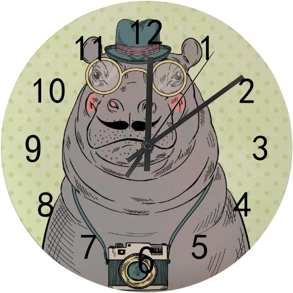 SKYSONIC Wooden Round Wall Clock Hippo Hipster Boy with Camera Non ...