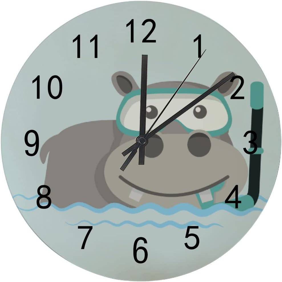 SKYSONIC Wooden Round Wall Clock Hippo Snorkeling in Water Non Ticking ...