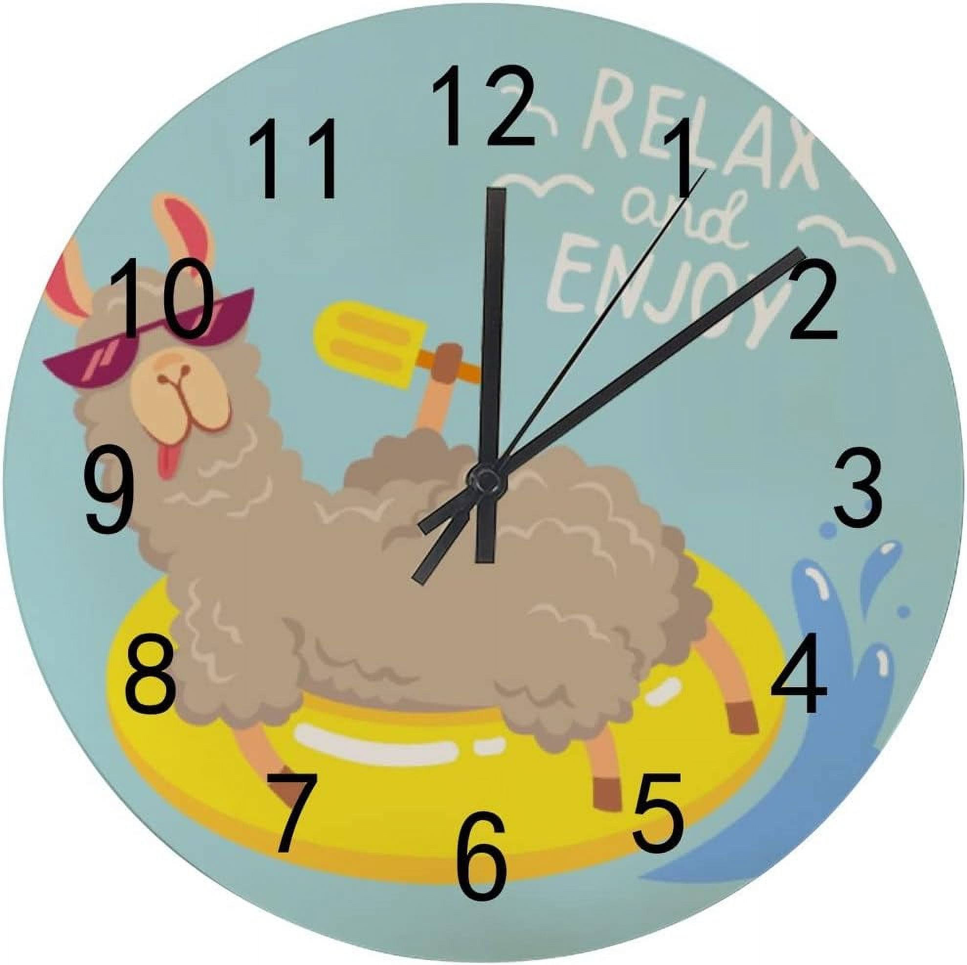 SKYSONIC Wooden Round Wall Clock Ice Cream Llama Non Ticking Battery ...
