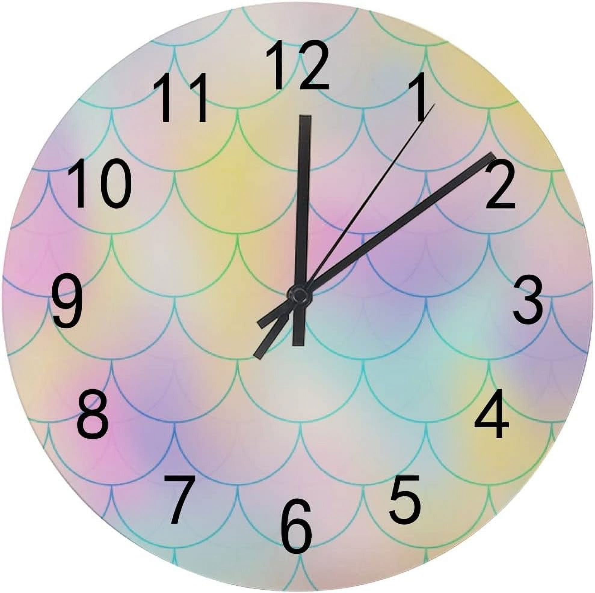 SKYSONIC Wooden Round Wall Clock Iridescent Mermaid Scales Non Ticking ...