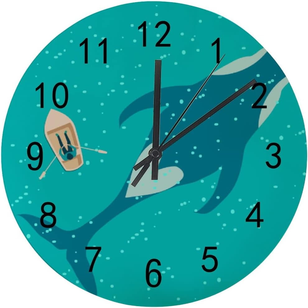 SKYSONIC Wooden Round Wall Clock Man in Boat Near Whale in Ocean Non ...