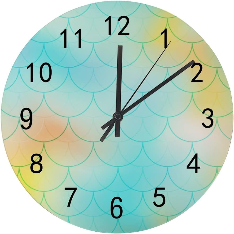SKYSONIC Wooden Round Wall Clock Mint Yellow Mermaid Scale Iridescent ...
