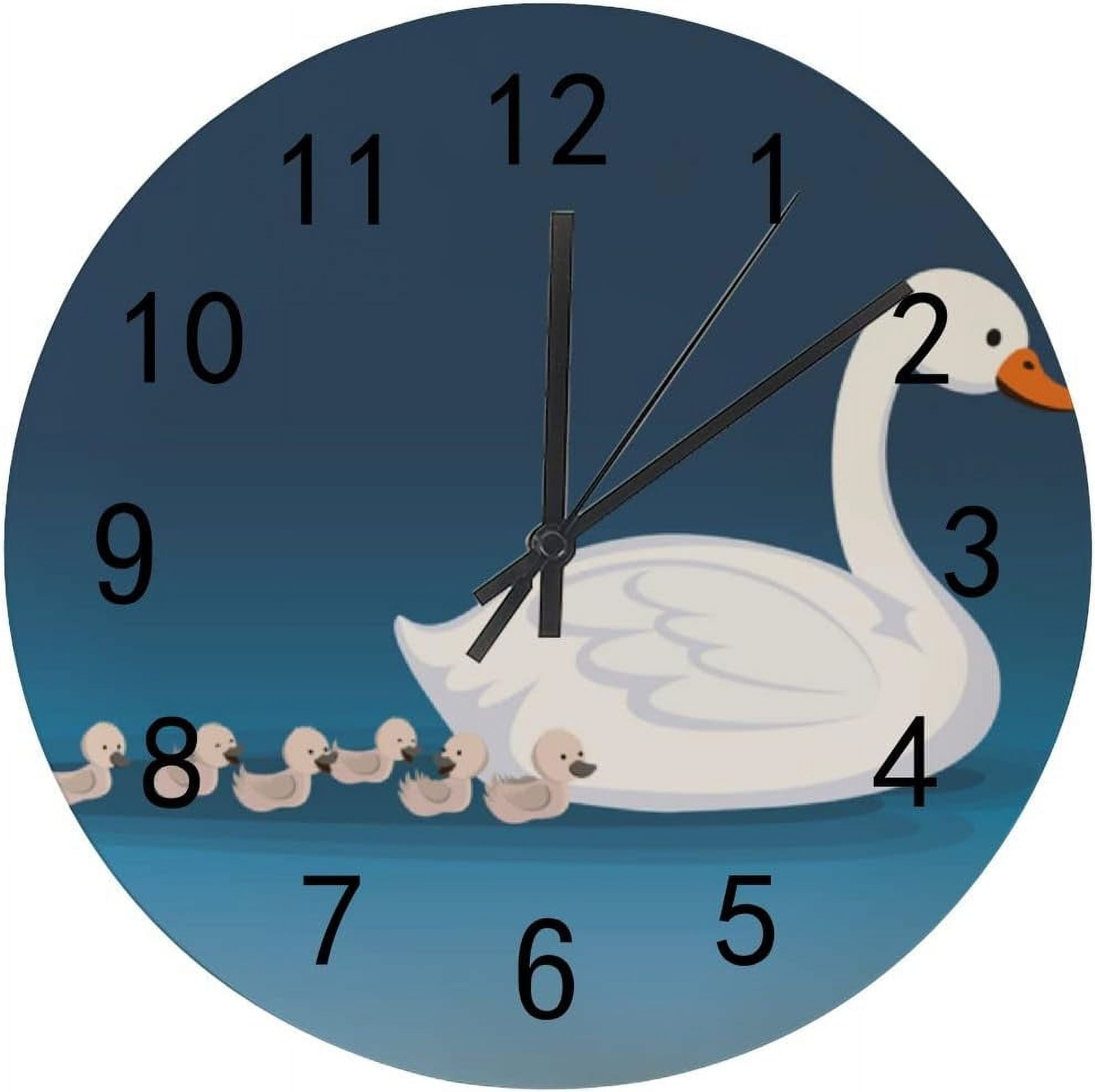 SKYSONIC Wooden Round Wall Clock Mother Swan and Child Swimming Non ...