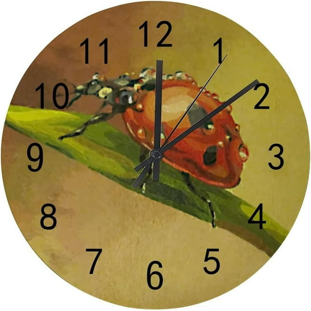 SKYSONIC Wooden Round Wall Clock Oil Painting Ladybug Non Ticking ...