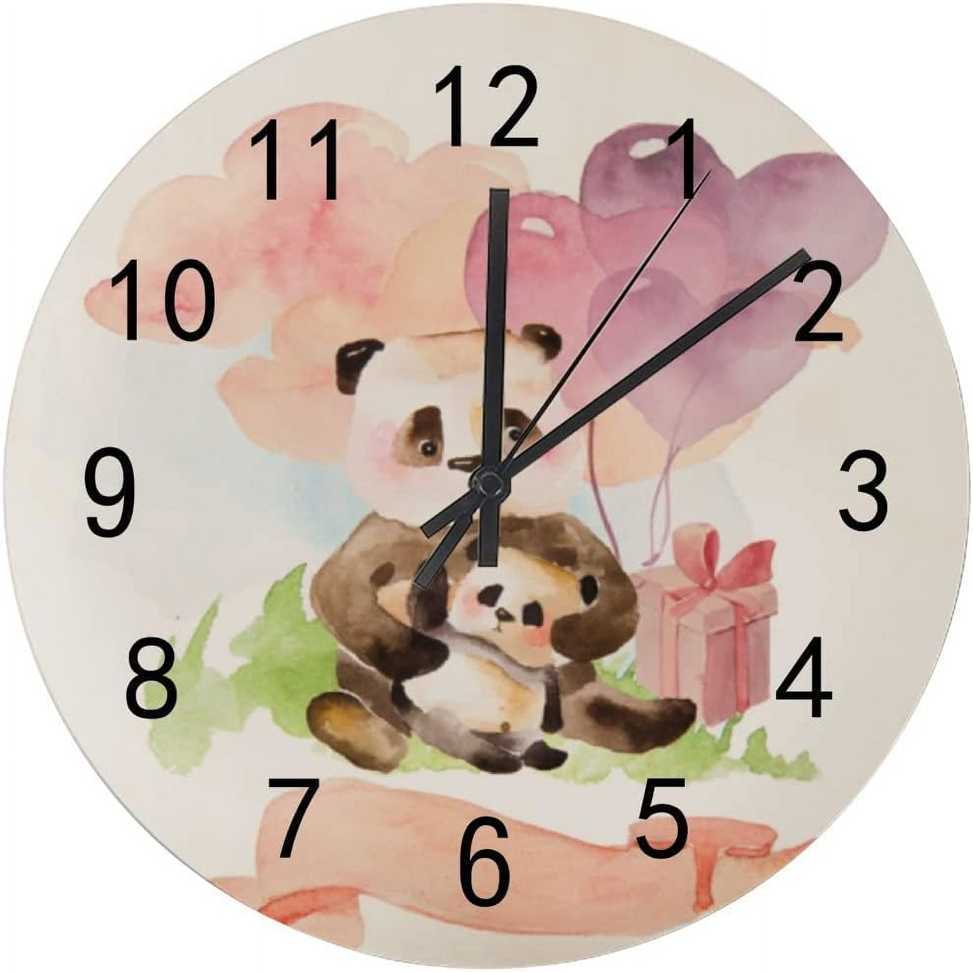 SKYSONIC Wooden Round Wall Clock Panda and Balloon Non Ticking Battery ...