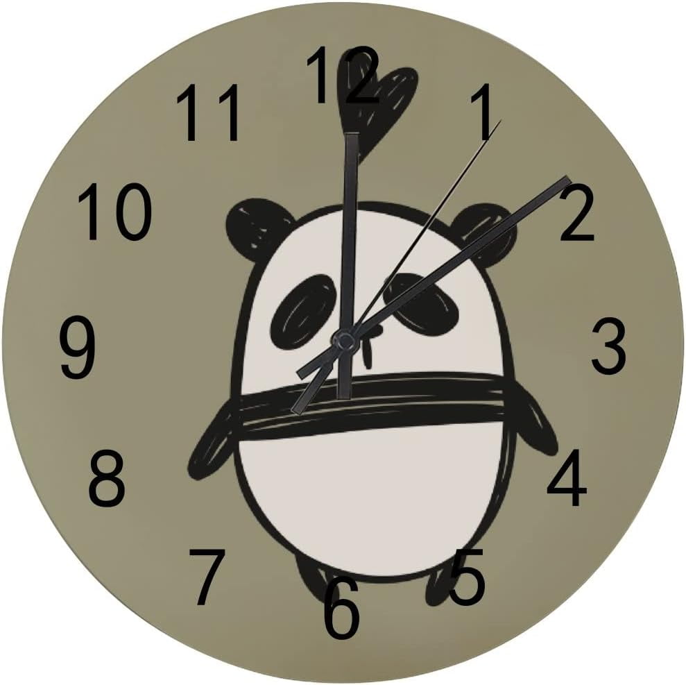 SKYSONIC Wooden Round Wall Clock Panda and Heart Non Ticking Battery ...