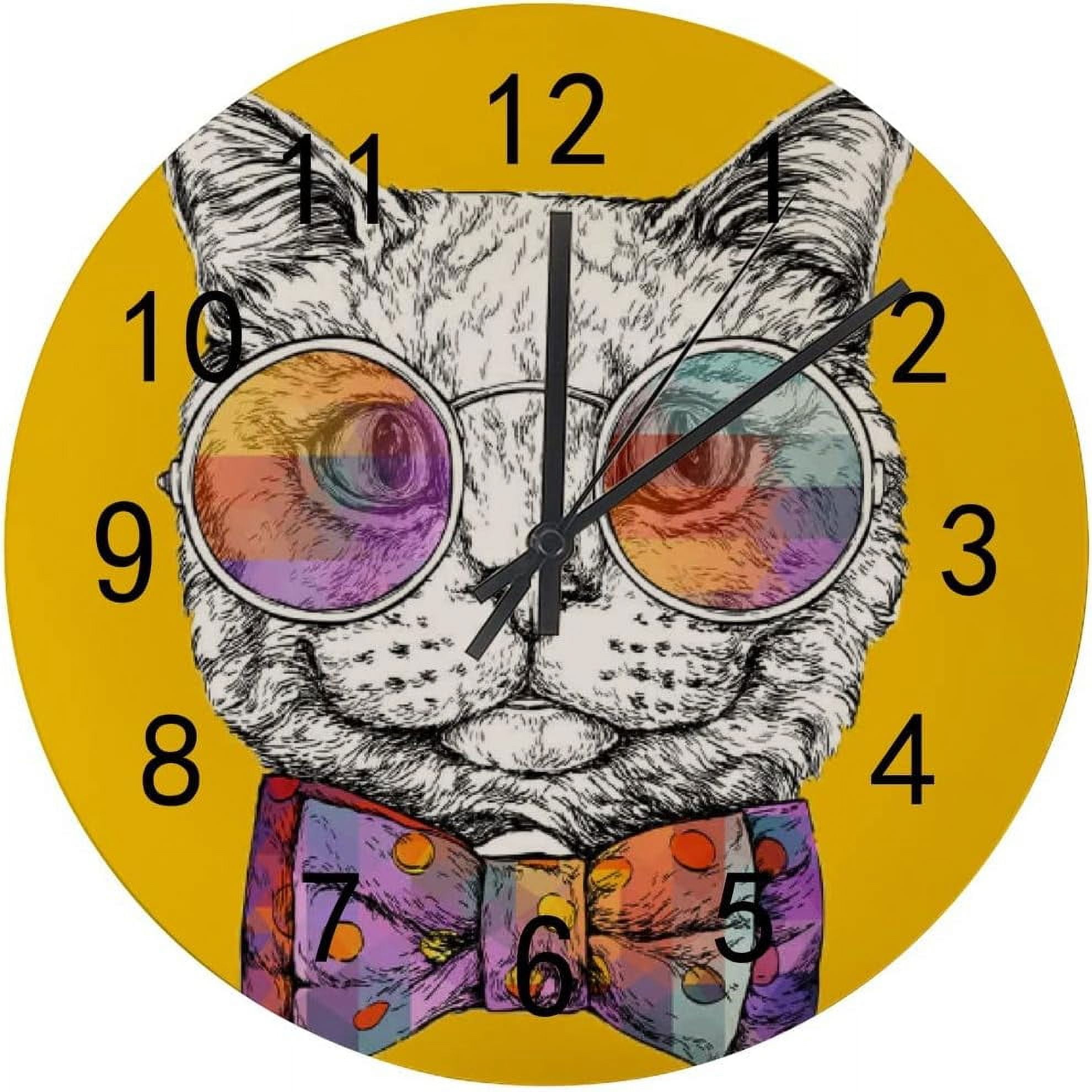 SKYSONIC Wooden Round Wall Clock Portrait of Cat in Glasses with Bow Tie Non Ticking Battery ...