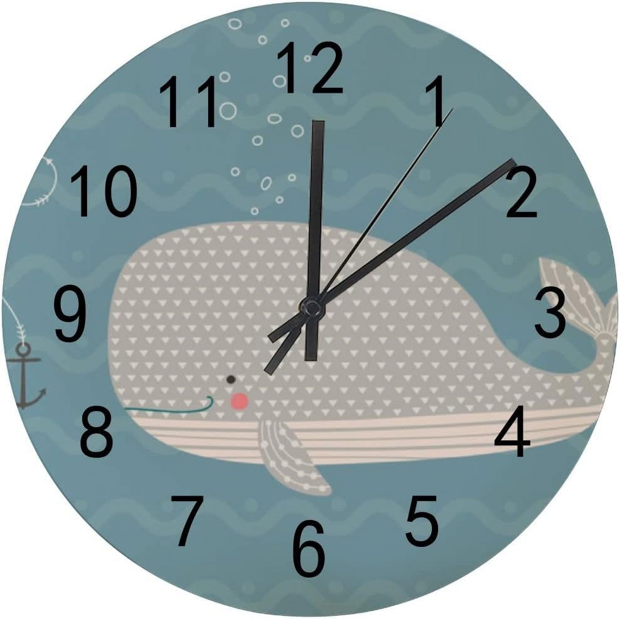 SKYSONIC Wooden Round Wall Clock Scandinavian Style Whale in Ocean Non ...