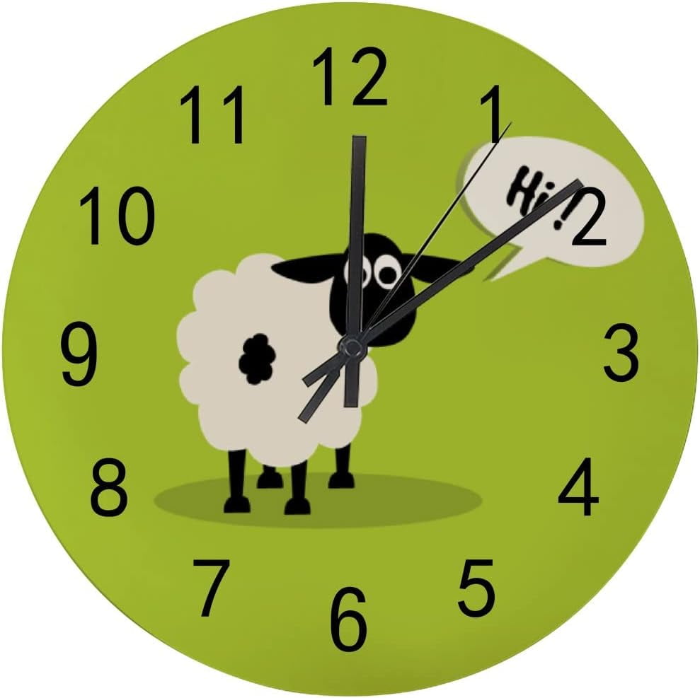 SKYSONIC Wooden Round Wall Clock Sheep Say Hi Non Ticking Battery ...