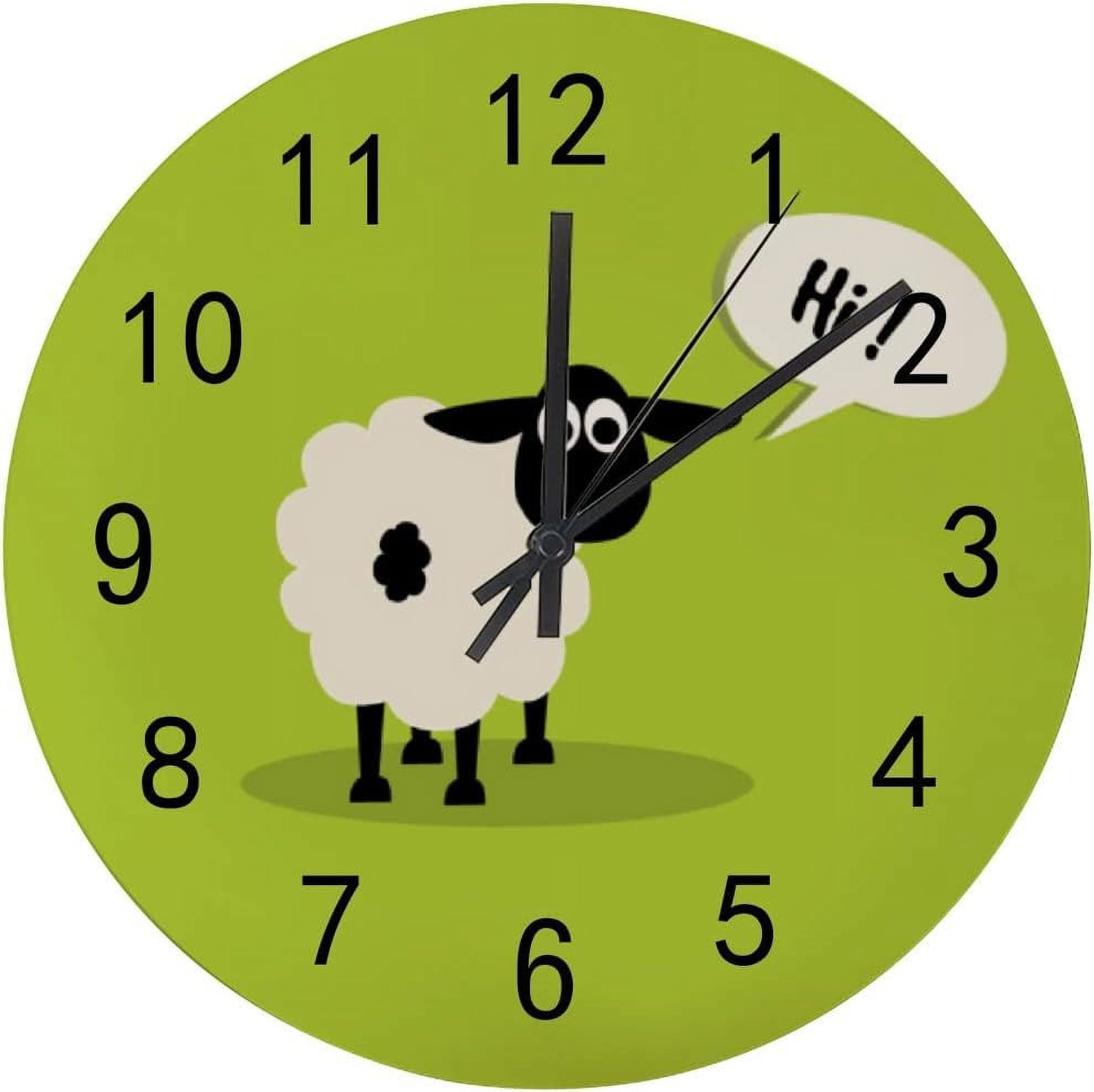 SKYSONIC Wooden Round Wall Clock Sheep Say Hi Non Ticking Battery ...