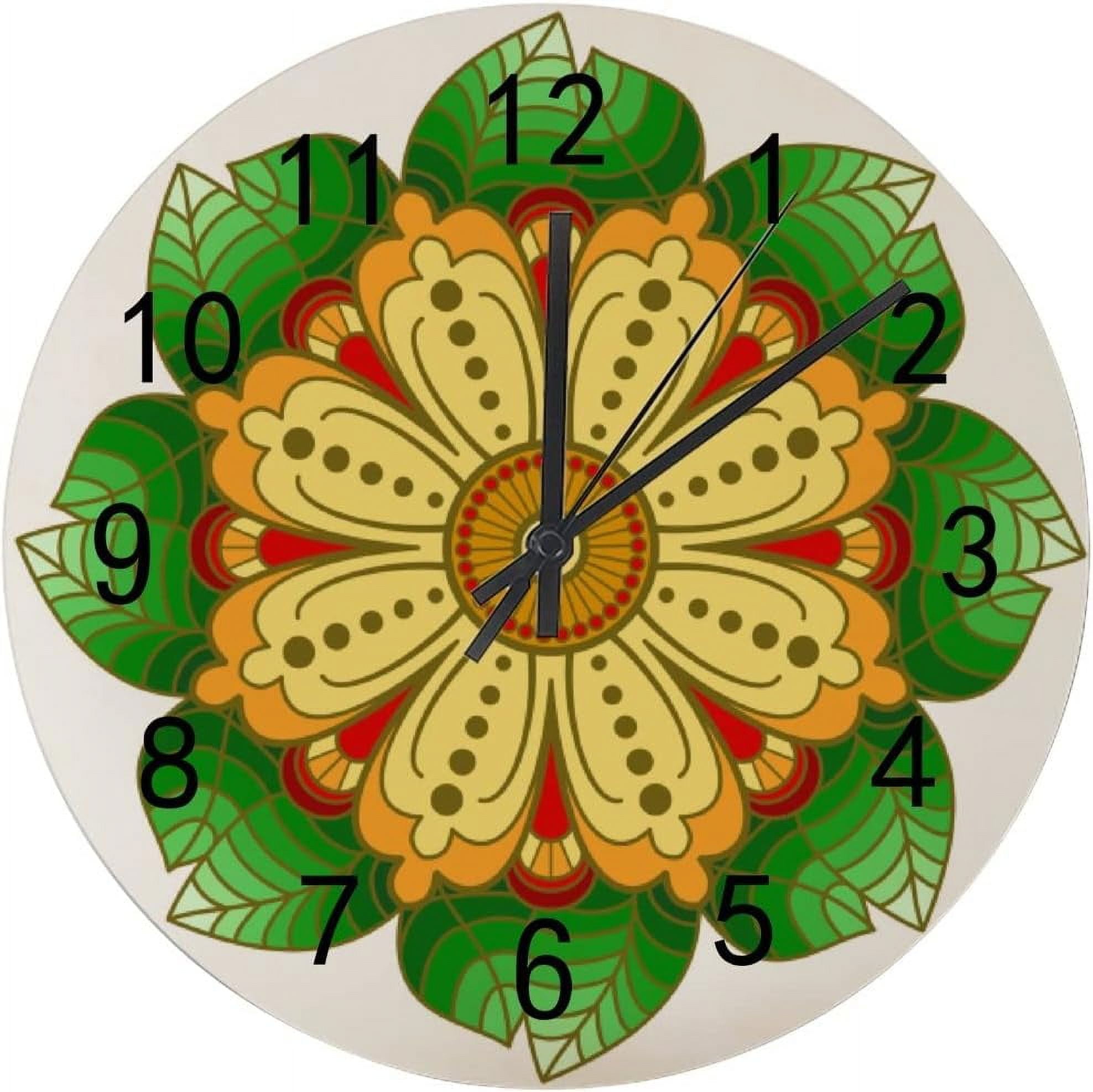 SKYSONIC Wooden Round Wall Clock Simple Mandala with Flower and Leaves ...