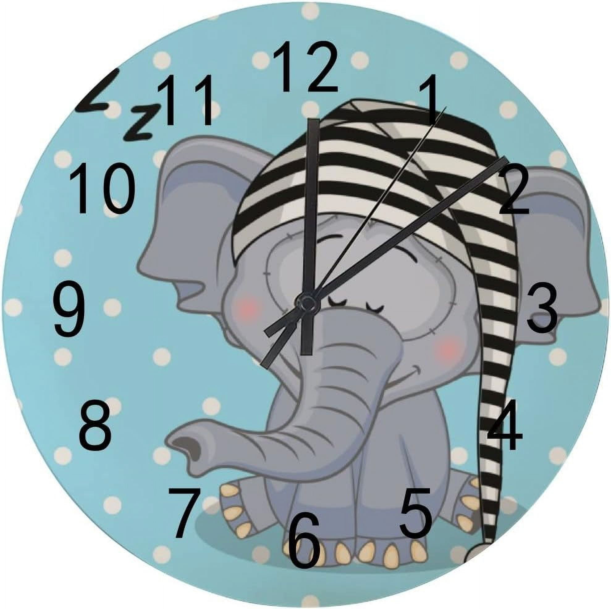 SKYSONIC Wooden Round Wall Clock Sleeping Elephant in a Cap Non Ticking ...