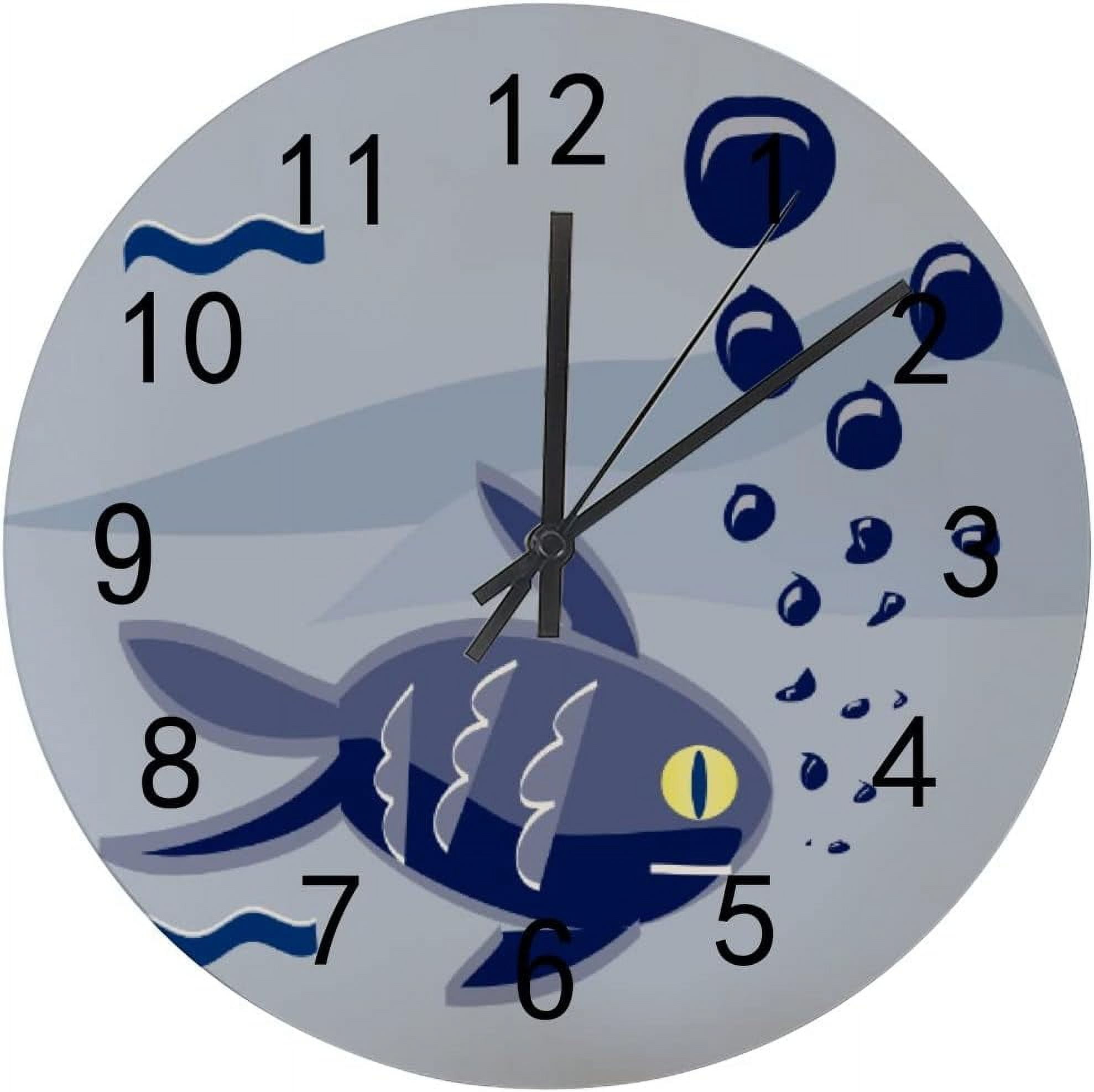 SKYSONIC Wooden Round Wall Clock Small Blue Fish Swimming Non Ticking ...