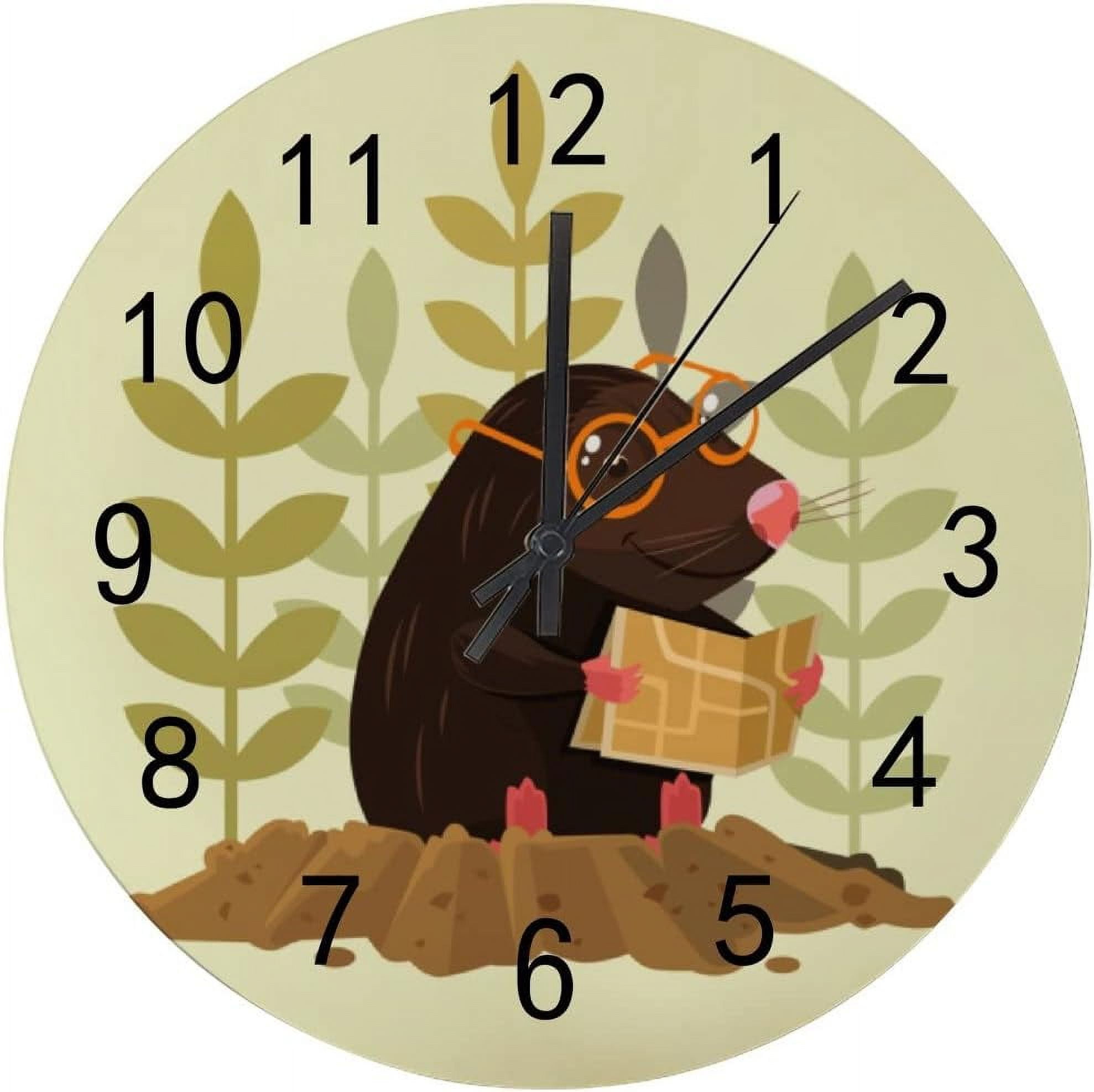 SKYSONIC Wooden Round Wall Clock Smiling Mole Read Map Non Ticking ...