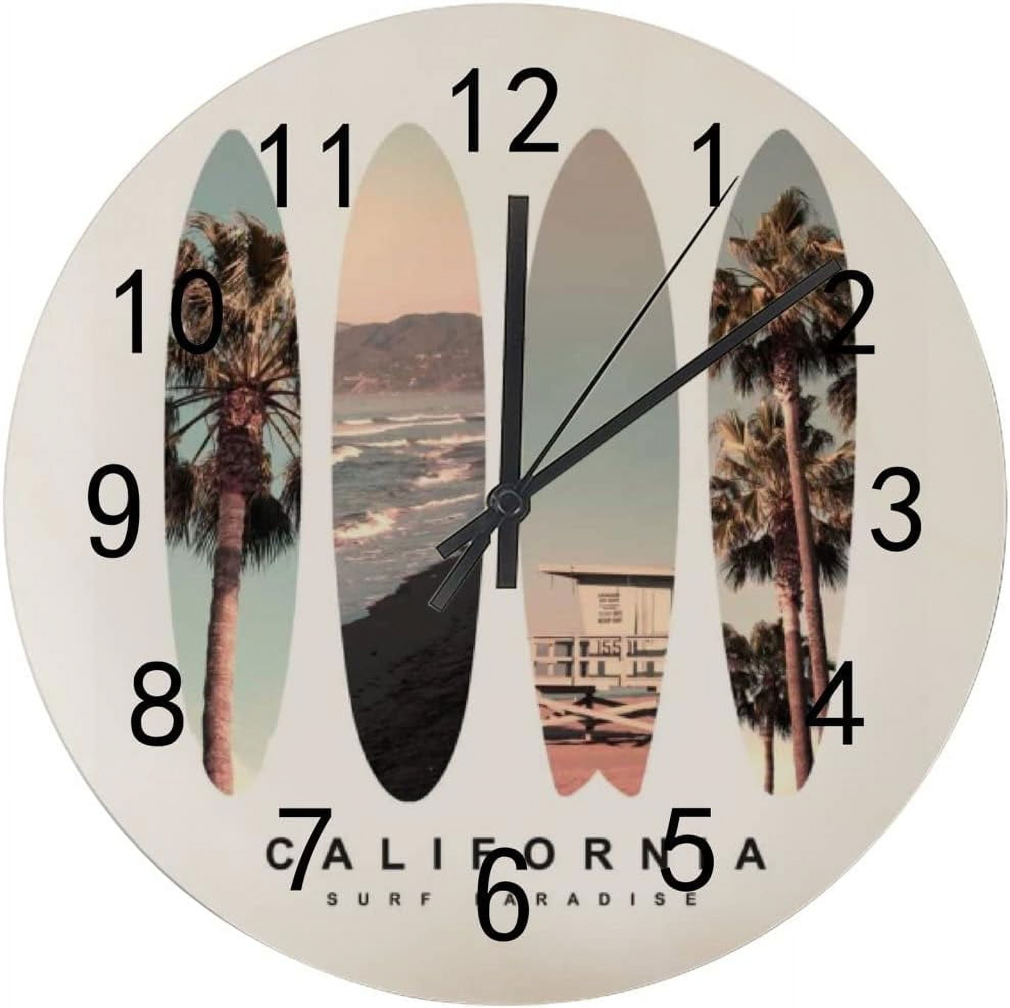SKYSONIC Wooden Round Wall Clock Surfboard California Scene Non Ticking ...