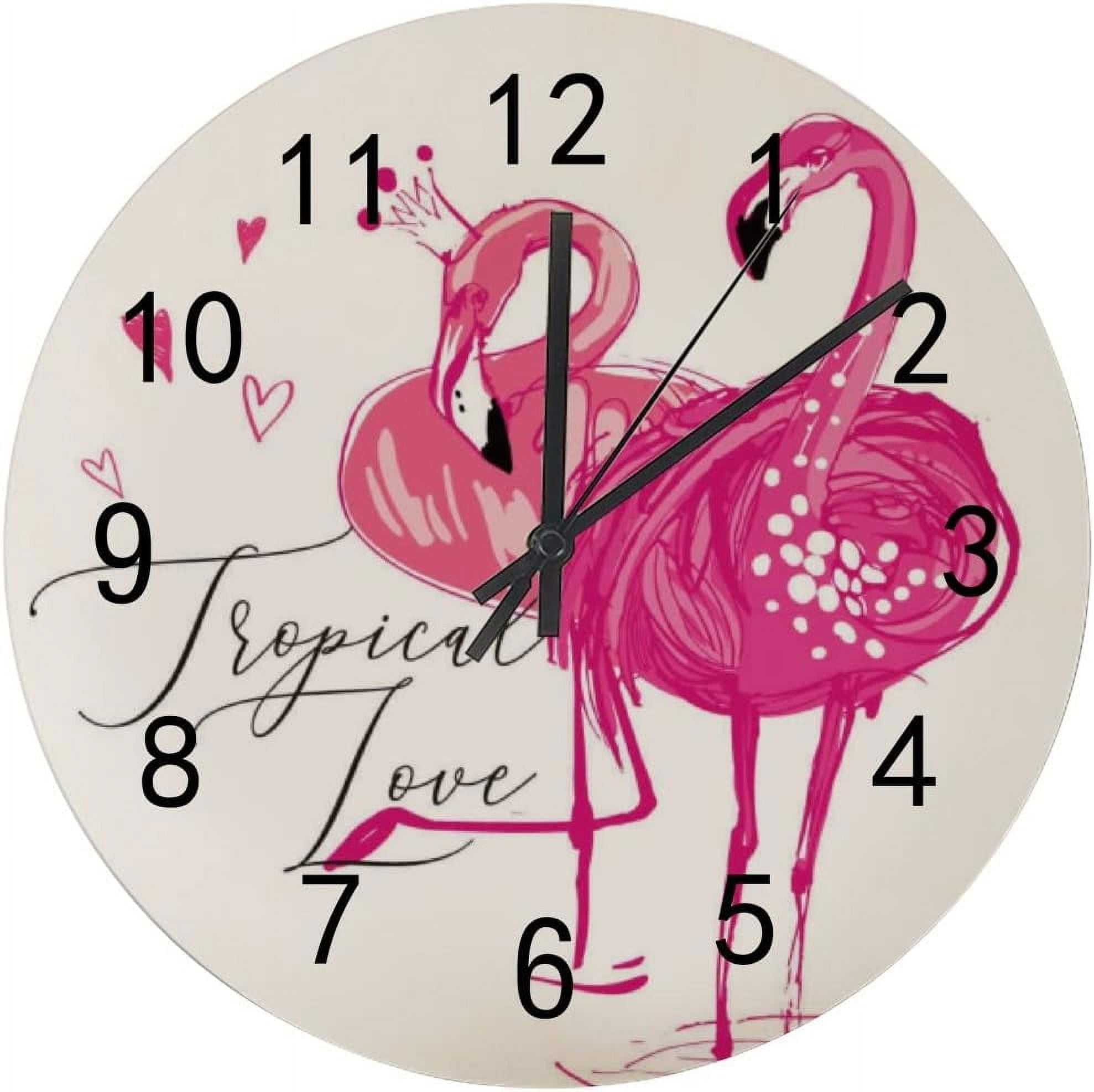 SKYSONIC Wooden Round Wall Clock Tropical Flamingo Lovers Non Ticking ...